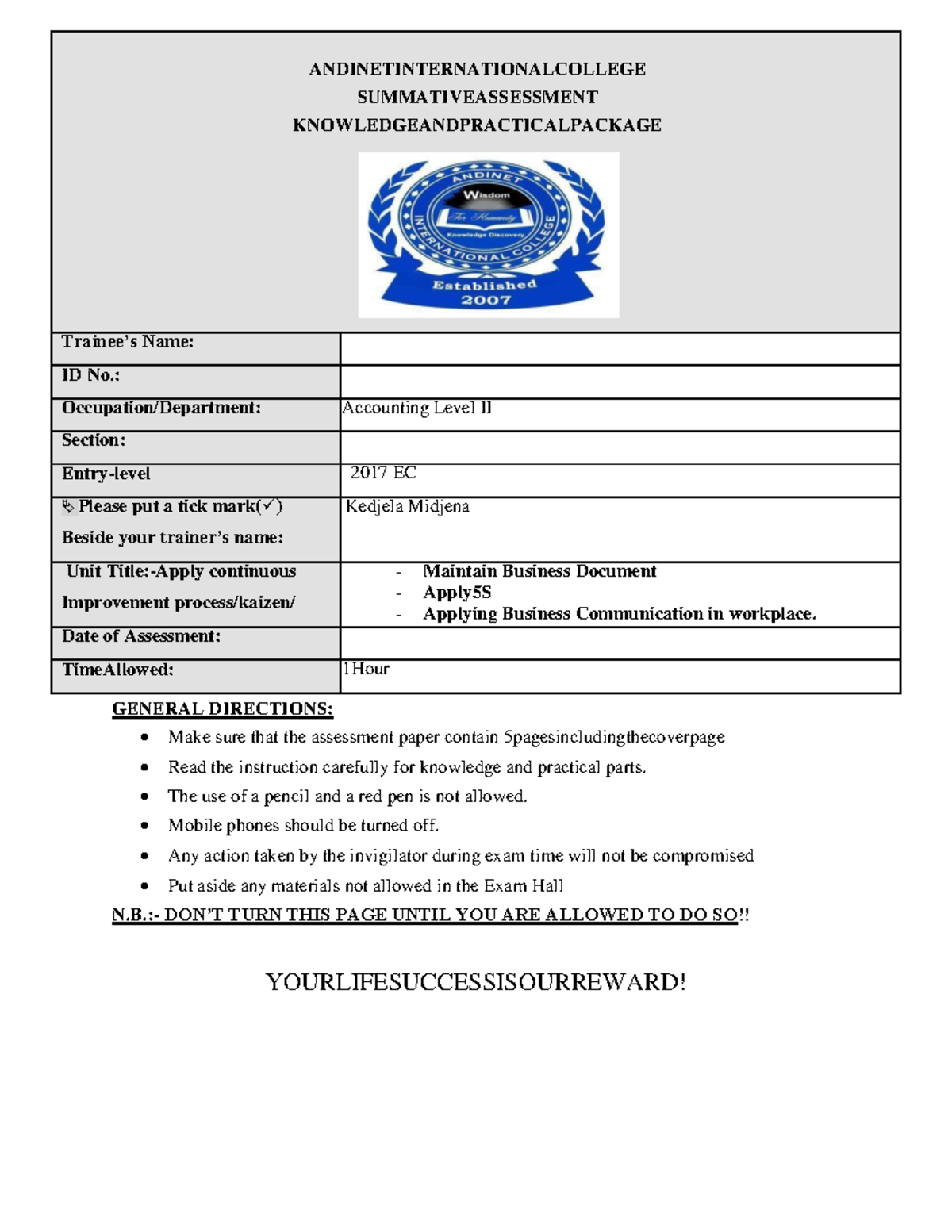 Acct Level II Summative Assessment: Knowledge & Practical Package - Studocu