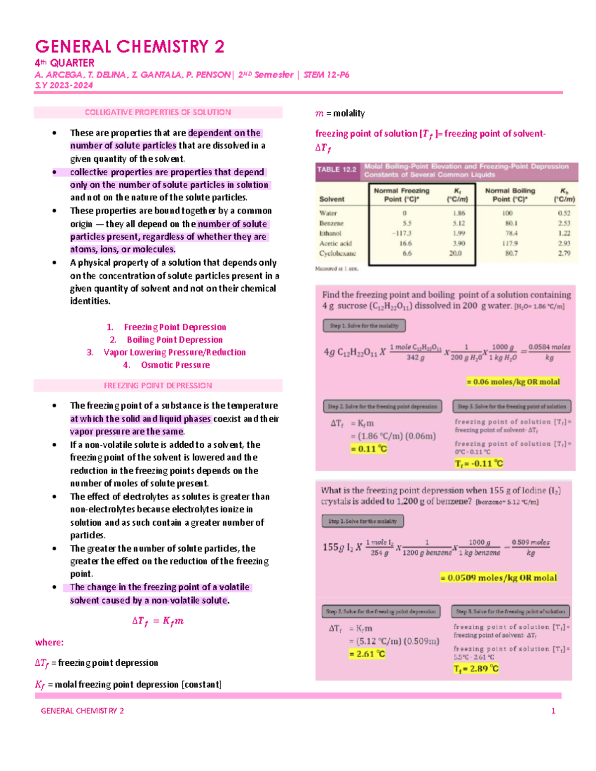 GEN CHEM (4TH Quarter) - Comprehensive Reviewer on Colligative ...