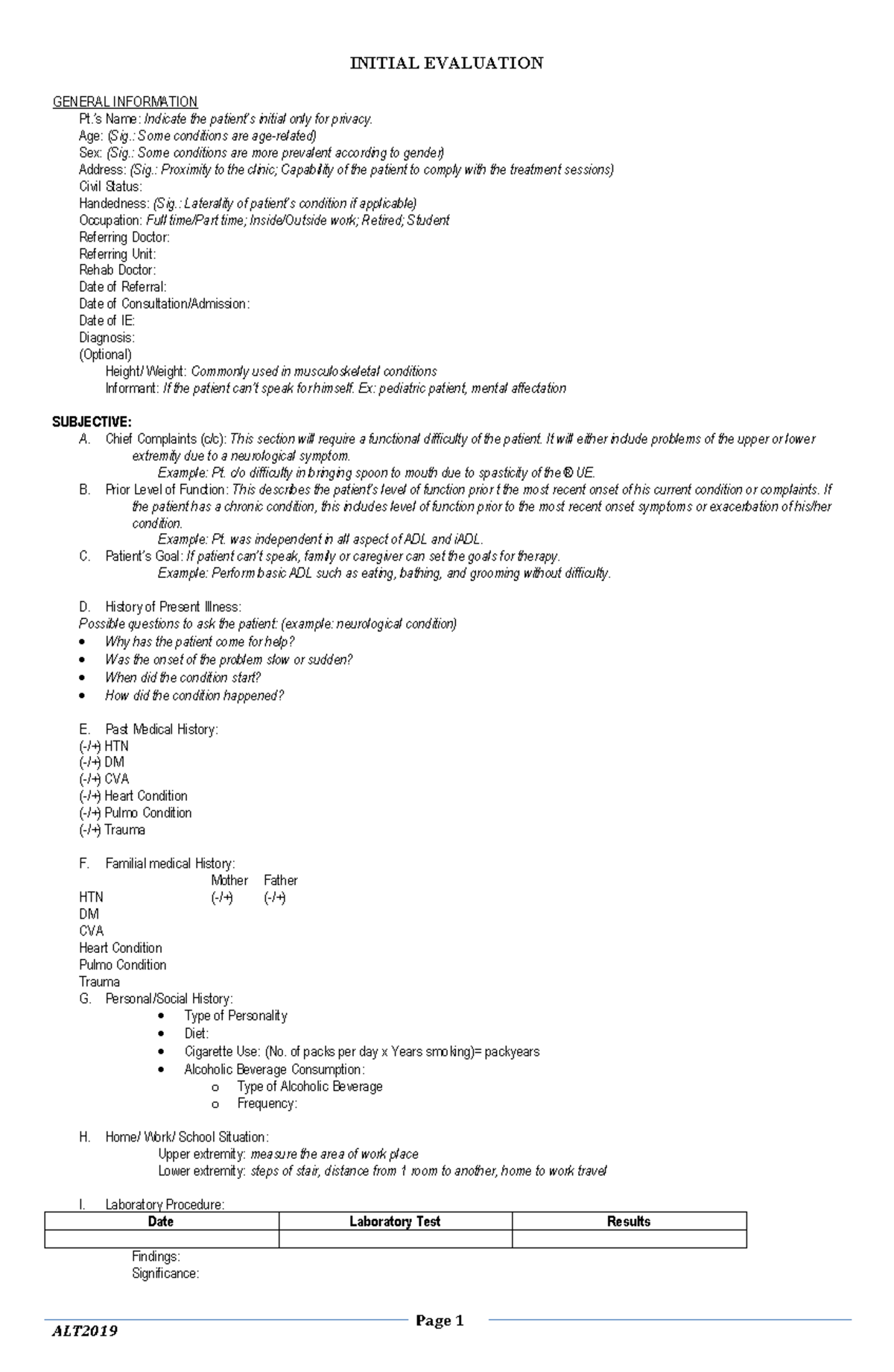 Initial Evaluation Format for Patient Assessment (ALT2019) - Studocu