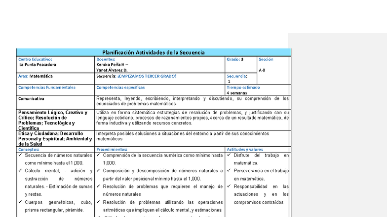 Planificación de Actividades de Matemática - 3er Grado SEC 1 - Studocu