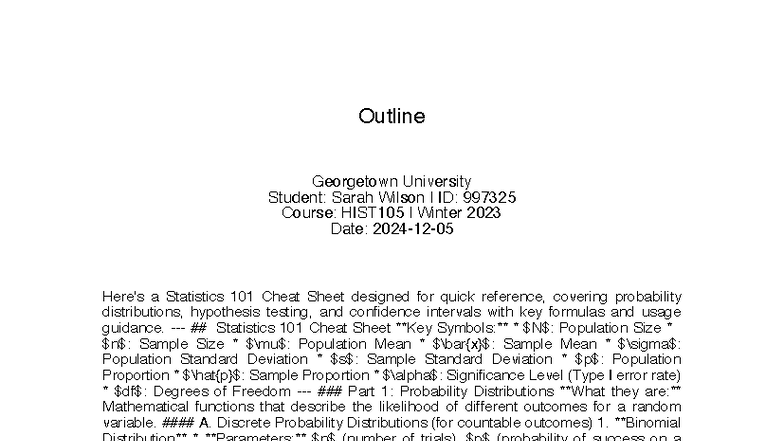 HIST105 Winter 2023: Statistics 101 Cheat Sheet for Quick Reference - Studocu