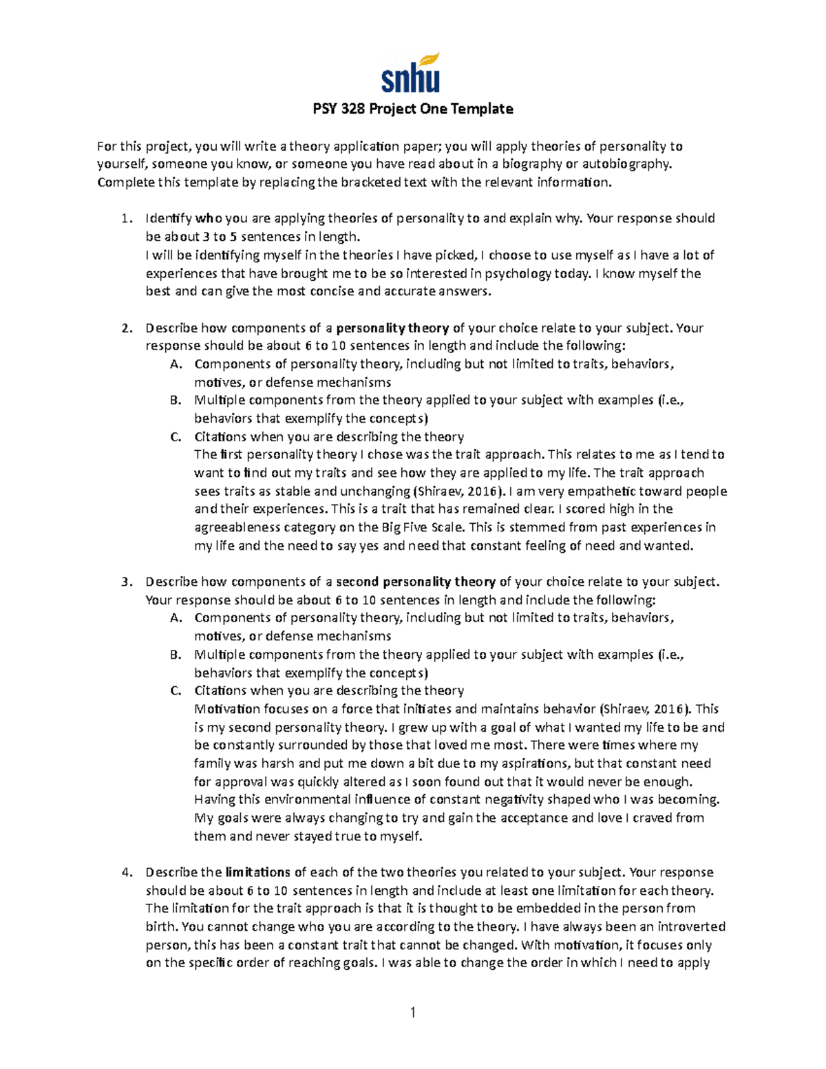 PSY 328 Theory Application Project One Template Guide - Studocu