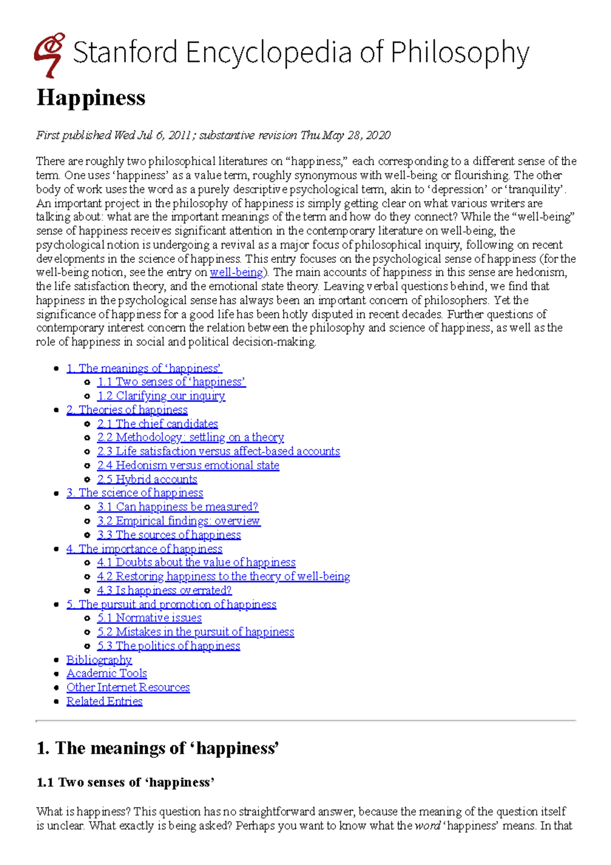Happiness (Stanford Encyclopedia of Philosophy) - Stanford Encyclopedia ...