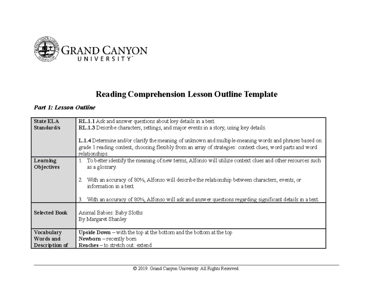 ELM-305 Reading Comprehension Lesson Outline Template - Reading ...