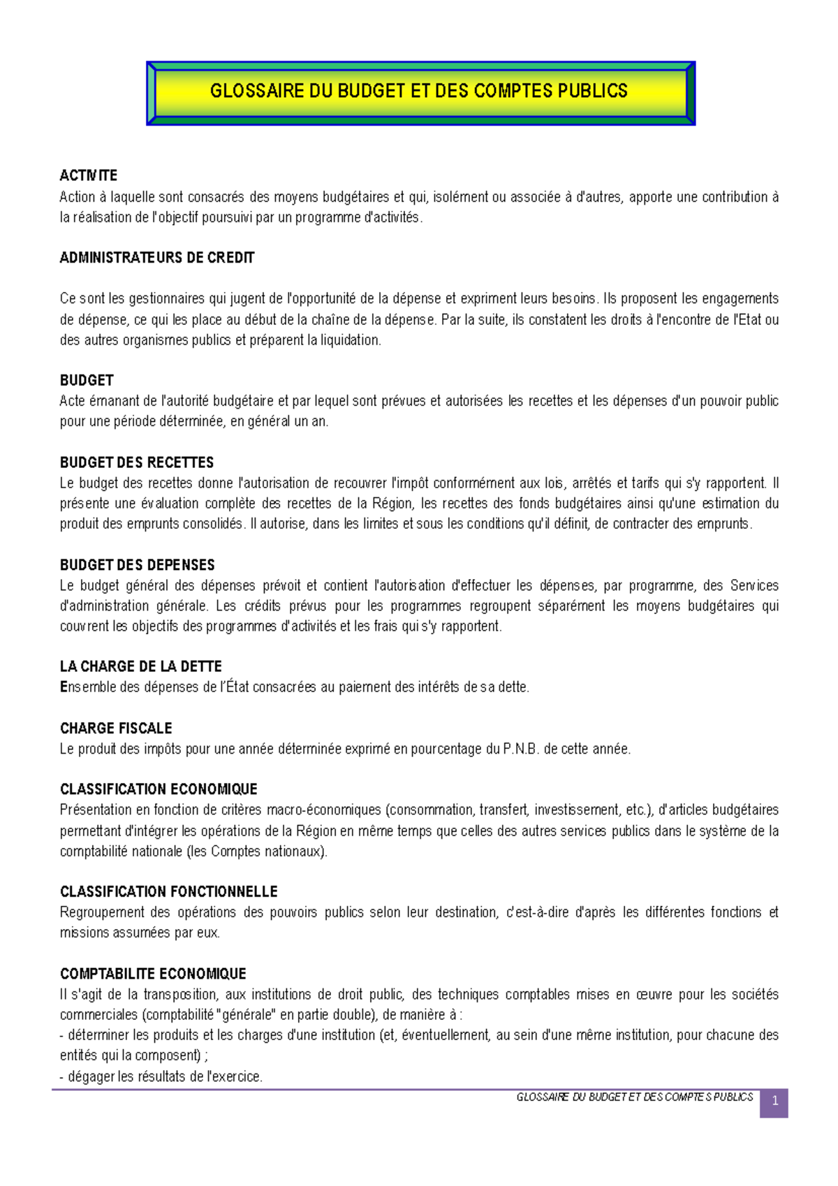 GLOSSAIRE DU BUDGET ET DES COMPTES PUBLICS - Économie d'entreprise ...
