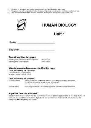 Practice Exam for unit 1 - Year 11 ATAR Human Biology Practice ...