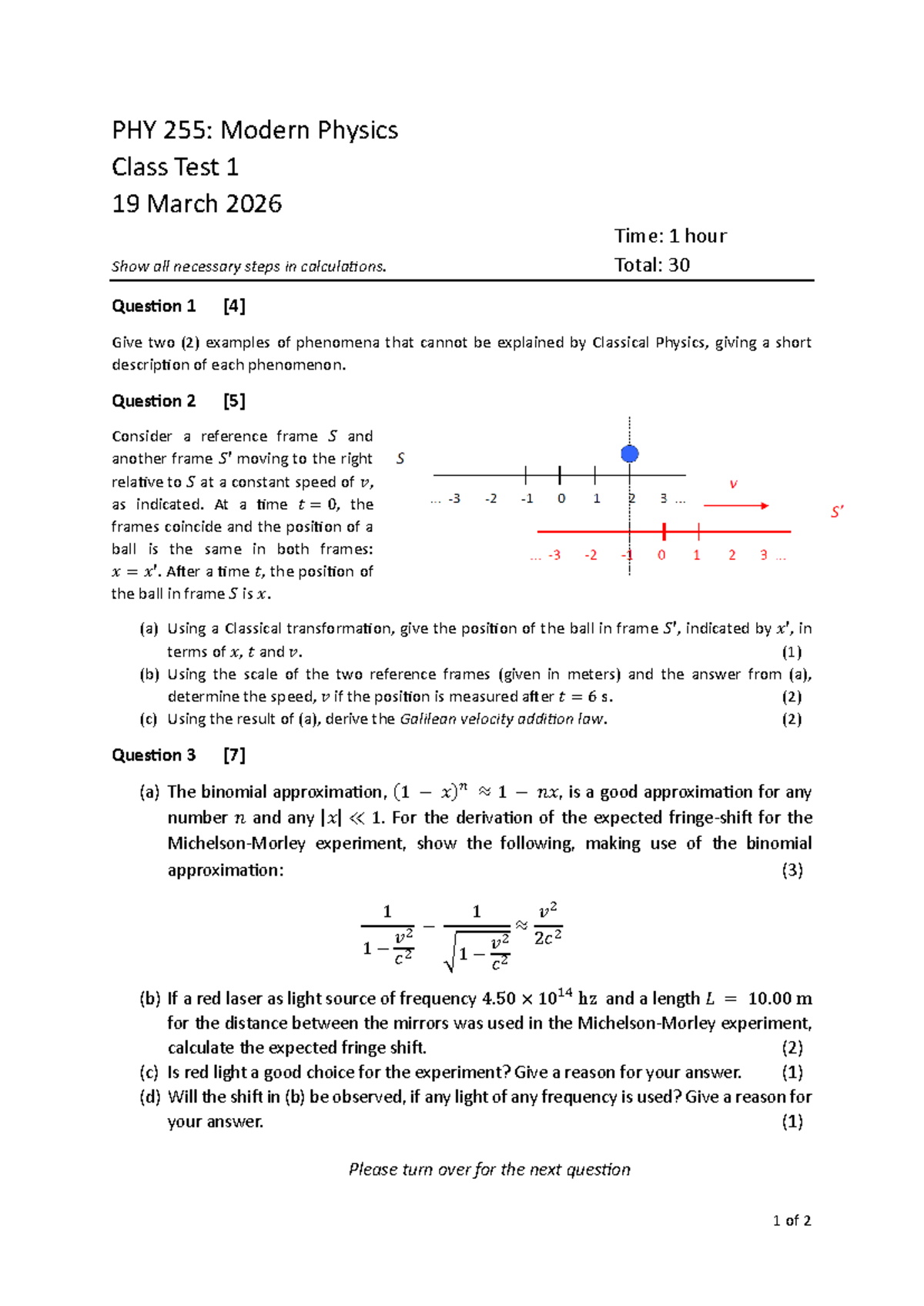 PHY 255: Modern Physics Class Test 1 - March 19, 2026 - Studocu