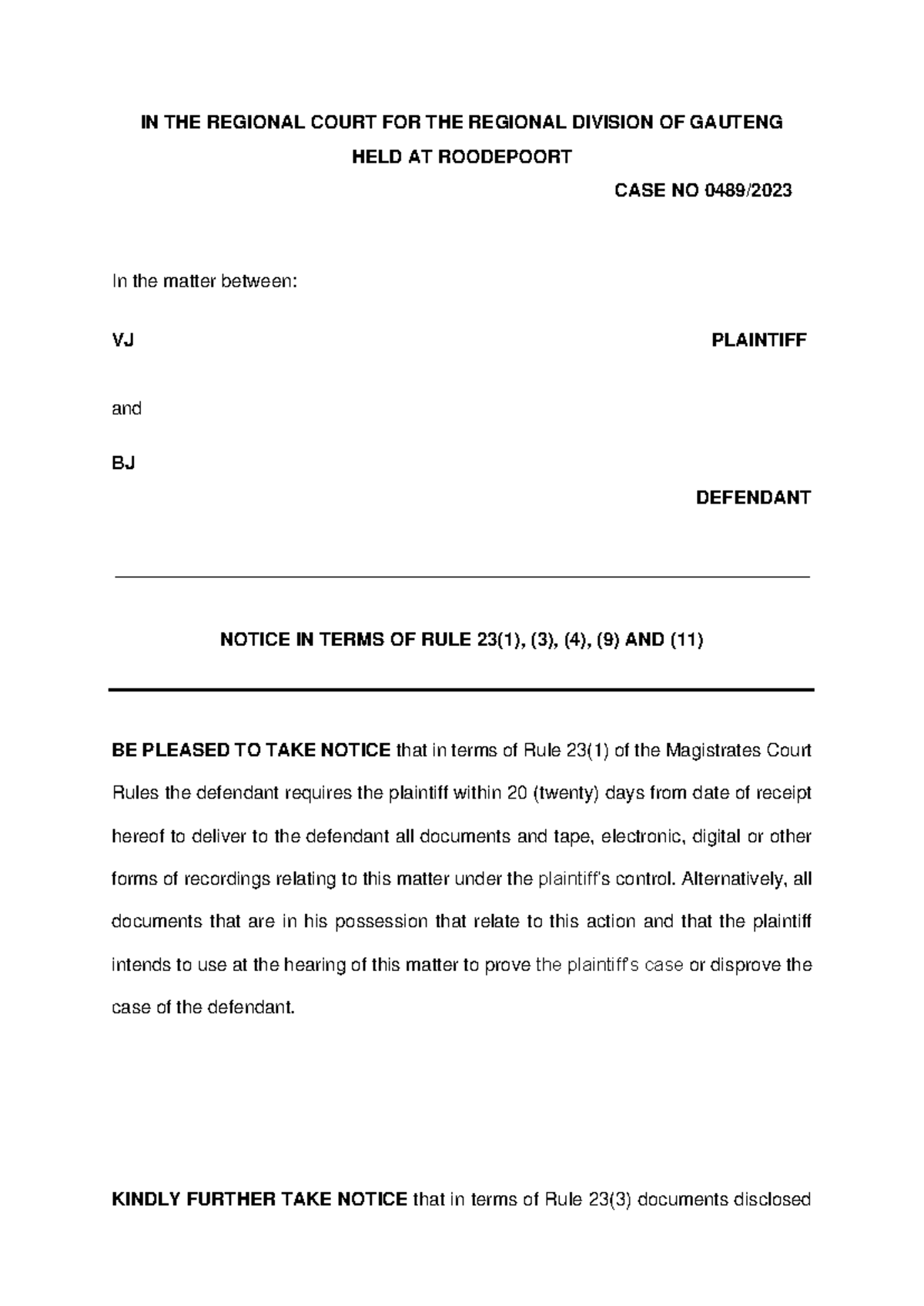 Discovery Notice in Regional Court Case No: VJ vs. BJ - Studocu