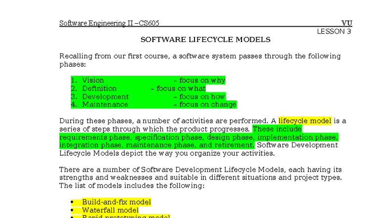 Software Engineering II VU: Lifecycle Models Overview - Lesson 3 - Studocu