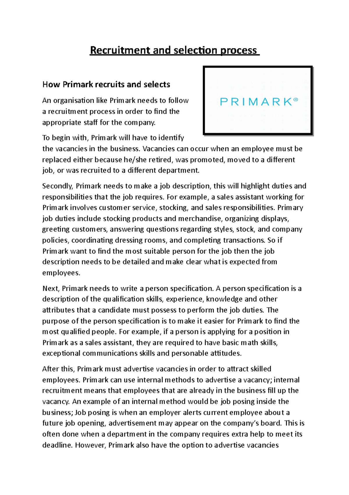 Business Assignment 2: Recruitment & Selection Process at Primark - Studocu