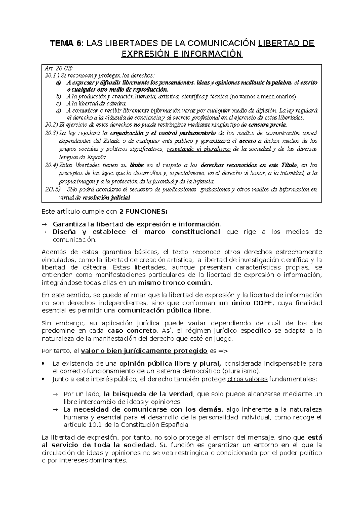 TEMA 6: LIBERTADES DE COMUNICACIÓN Y SU REGULACIÓN EN ESPAÑA - Studocu