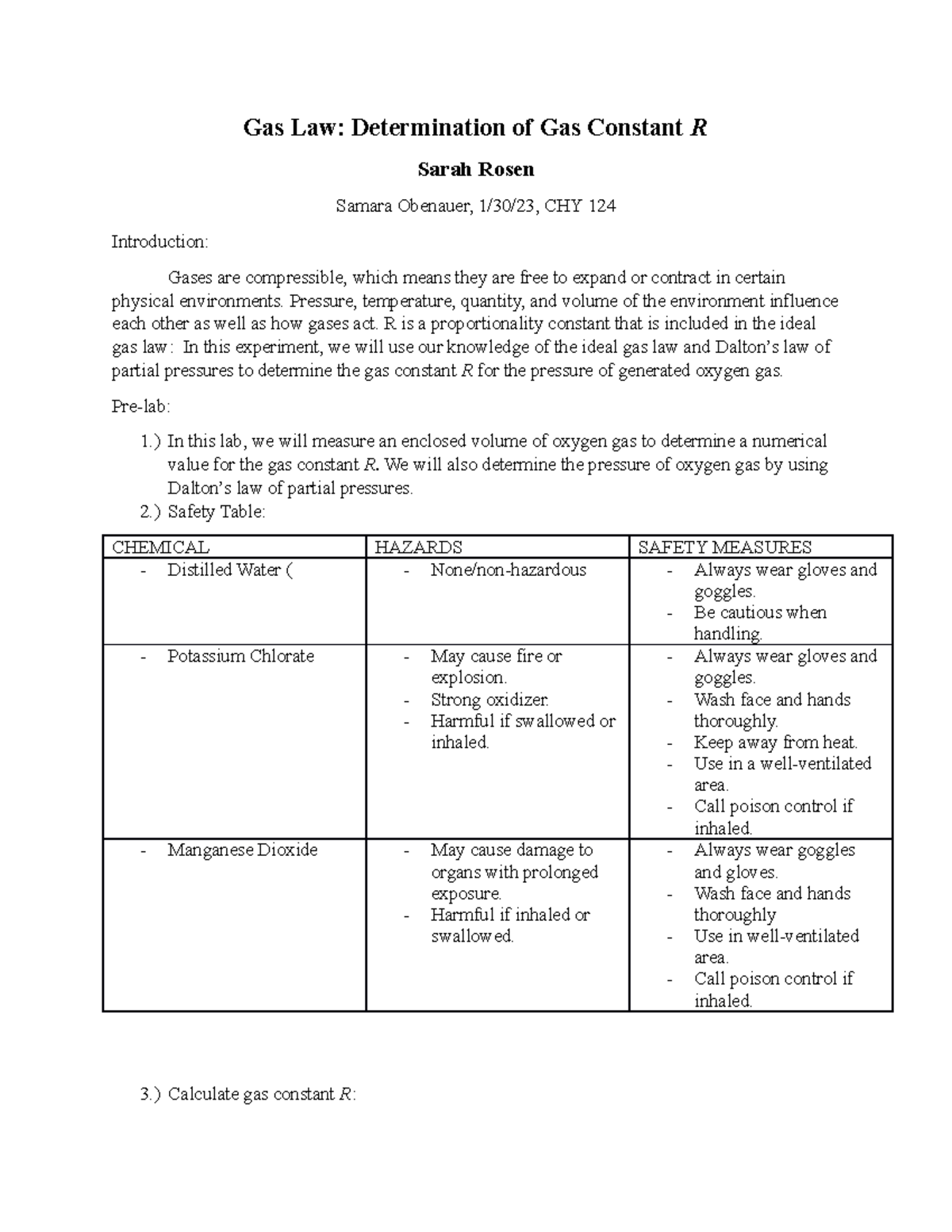 Gas Law Lab Report - Determining Gas Constant R in CHY 124 - Studocu