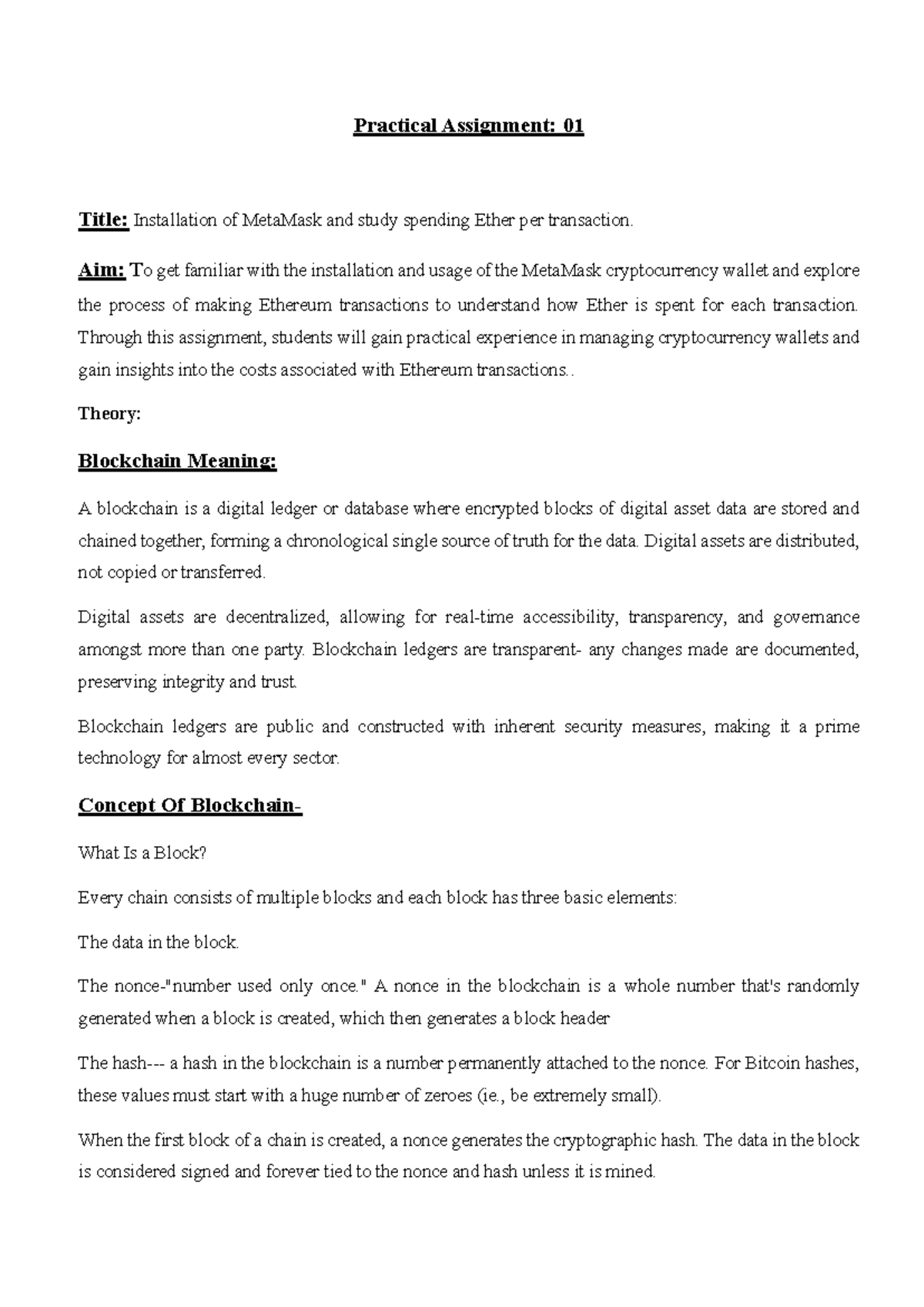 BCT Assignment 1 - Practical Assignment: 01 Title: Installation of MetaMask and study spending ...