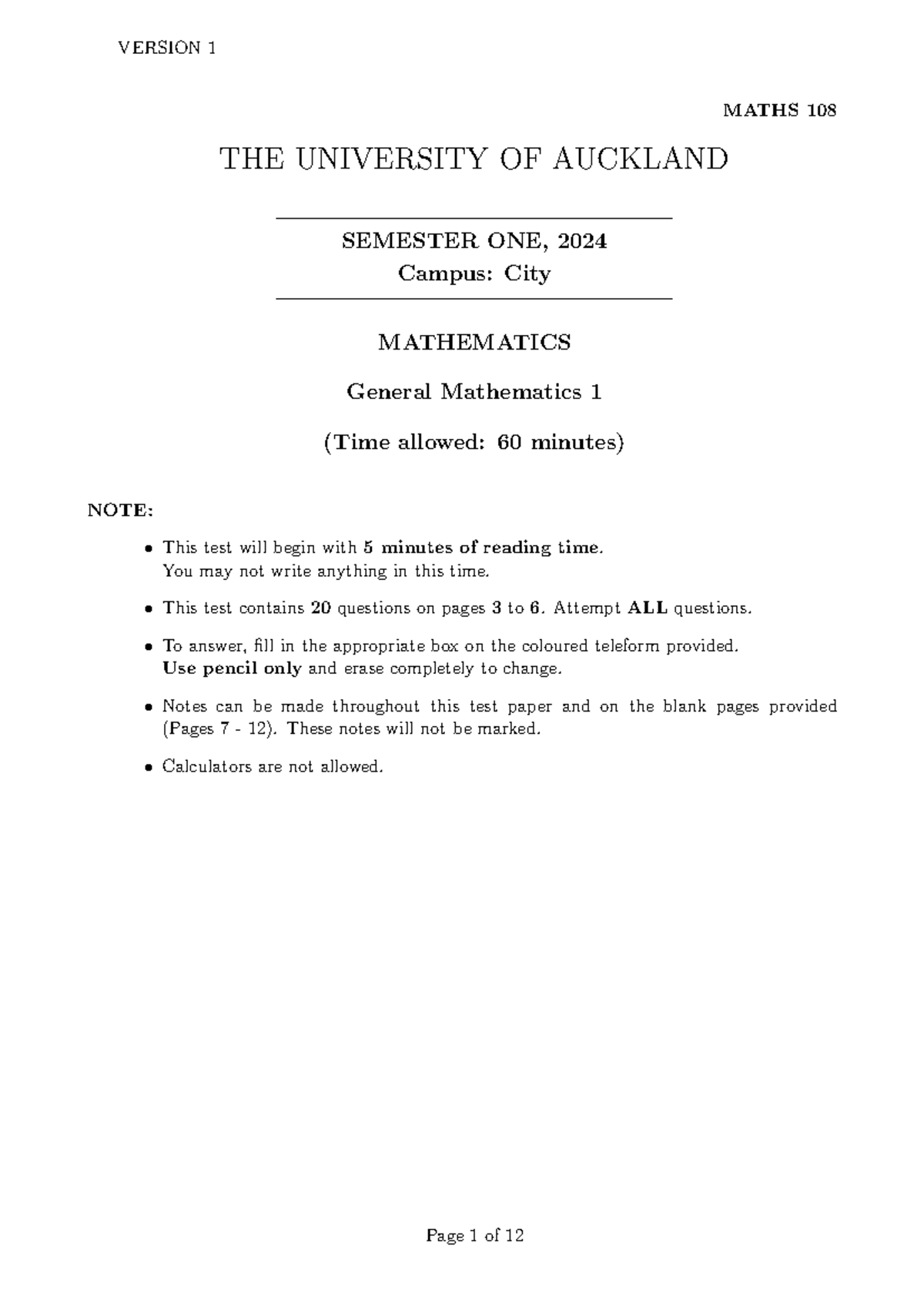 MATHS 108 General Mathematics 1 Test Version 1 - Semester 1, 2024 - Studocu