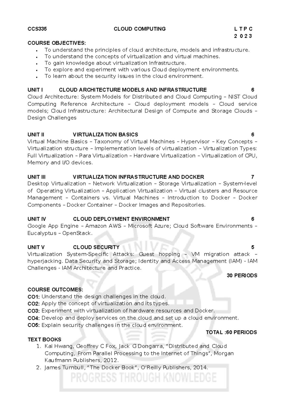 CC Syllabus - CCS335 CLOUD COMPUTING L T P C 2 0 2 3 COURSE OBJECTIVES ...