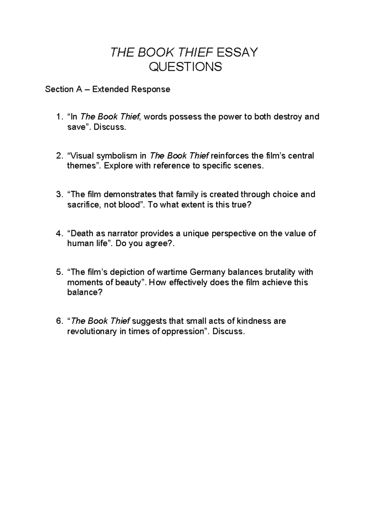 THE BOOK THIEF ESSAY QUESTIONS: Extended Response Analysis - Studocu