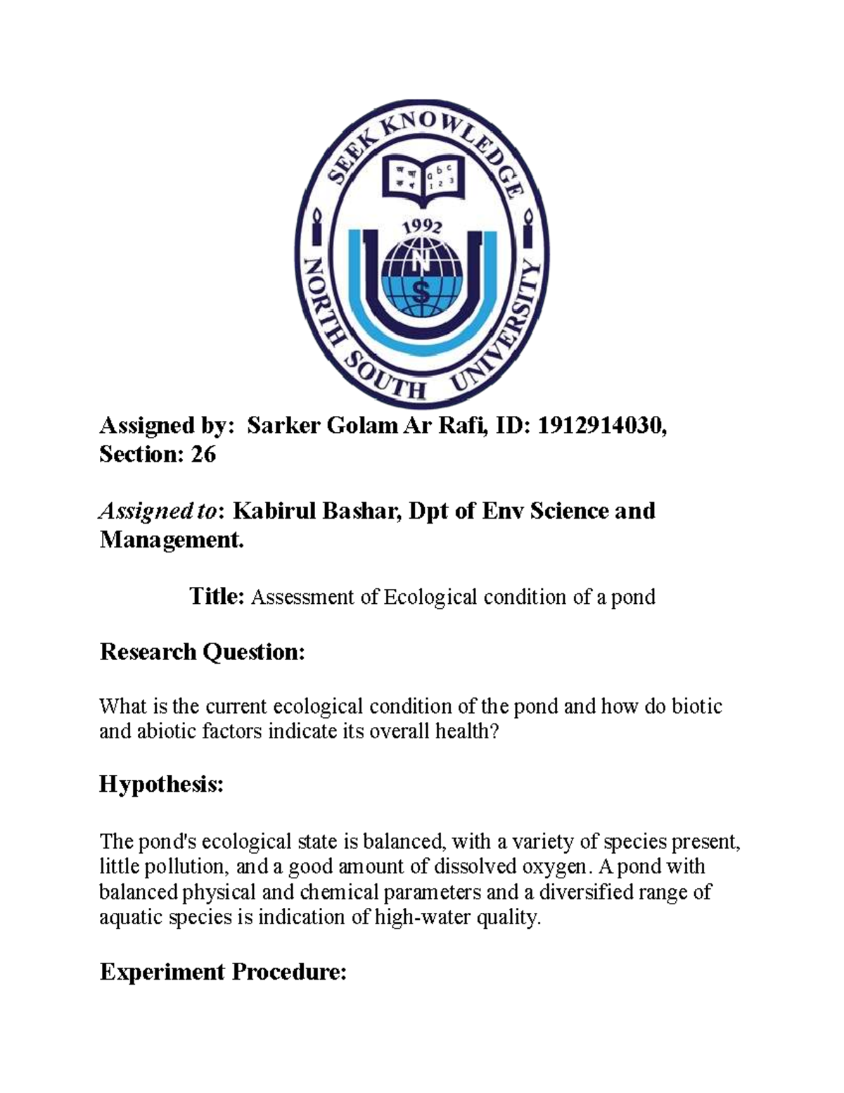 Env.Sci 26 - Assessment of Pond Ecological Condition: Lab Report - Studocu