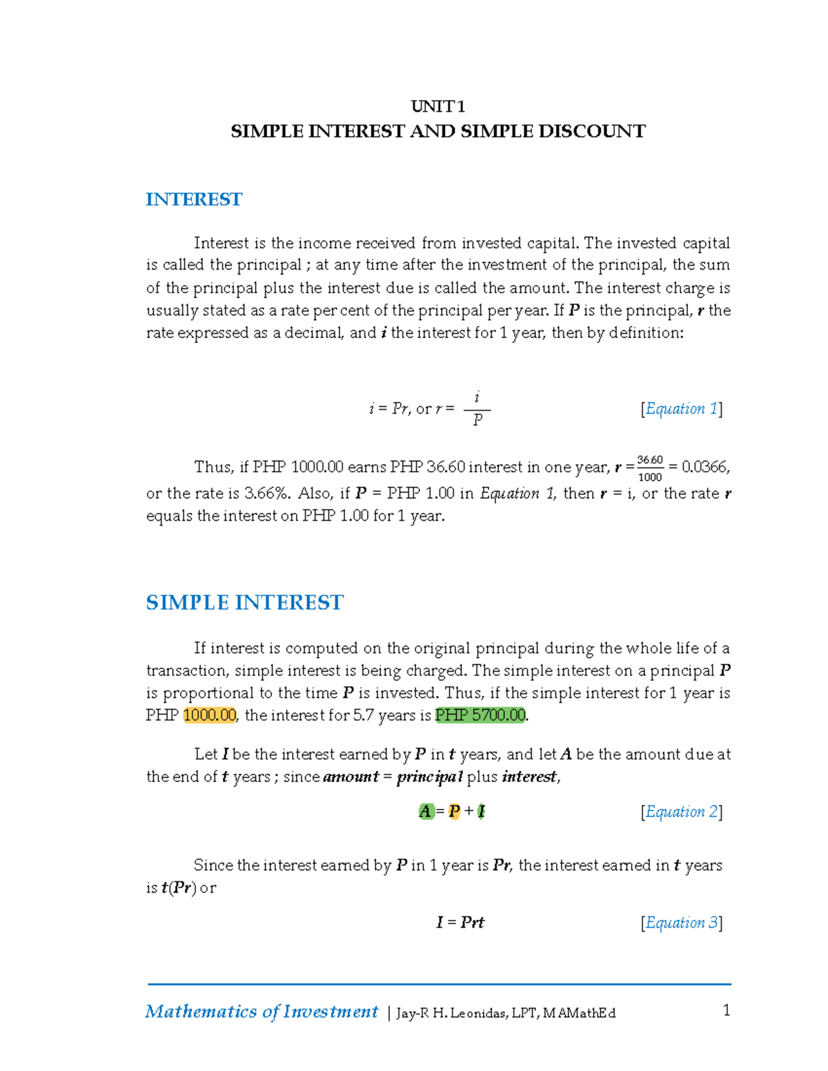 Unit 1: Simple Interest & Discount Concepts Explained - Studocu