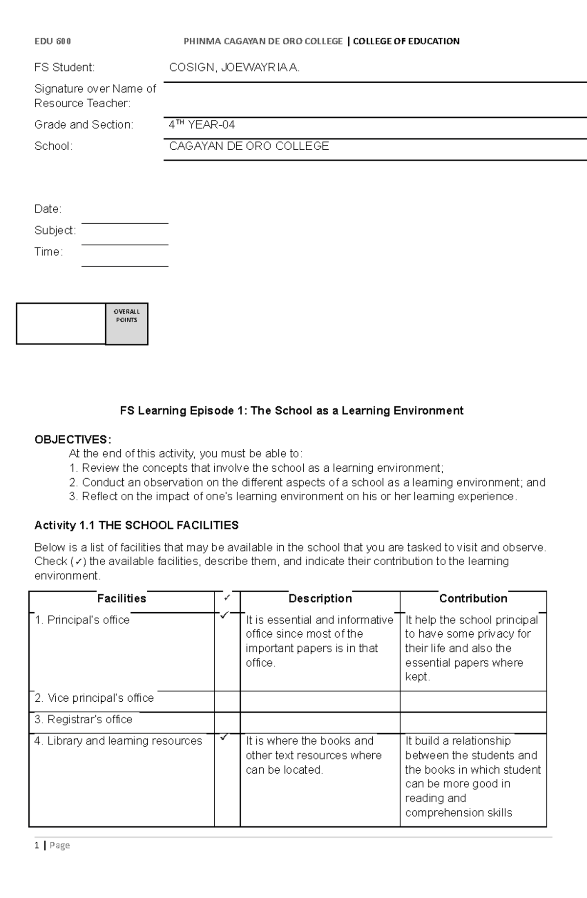 EDUCATION FS Learning Episode 1: Observing School Environments - Studocu