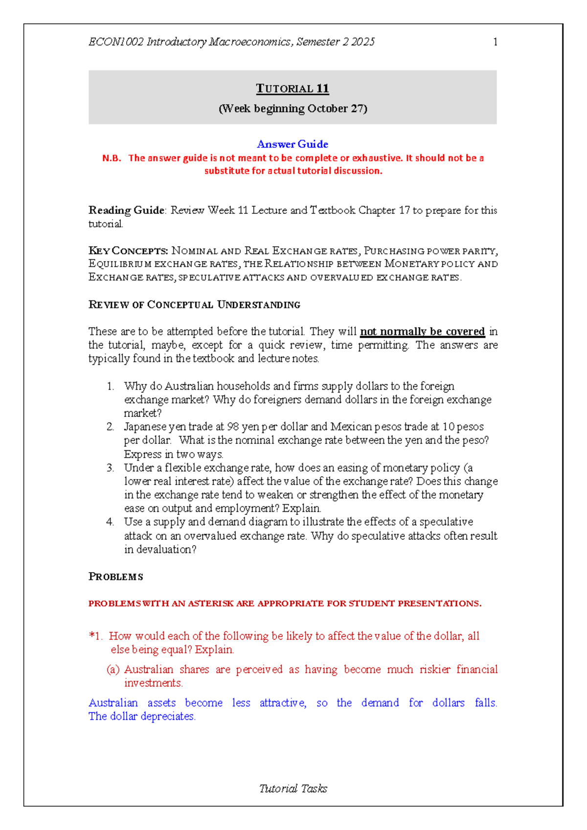 ECON1002 Tutorial 11 Answer Guide: Exchange Rates & Monetary Policy ...