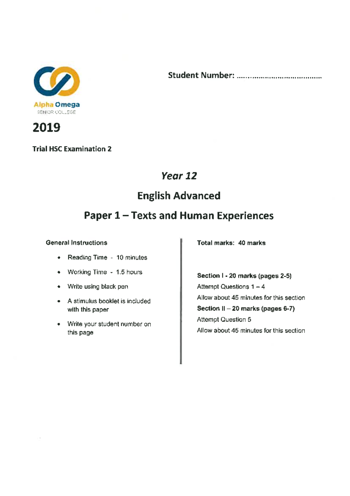 Year 12 English Advanced Trial HSC Exam 2019 - Texts & Human ...
