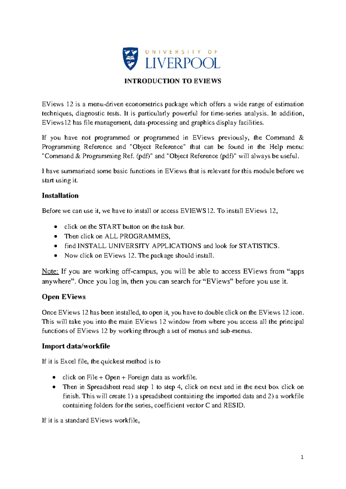 Introduction TO Eviews - INTRODUCTION TO EVIEWS EViews 12 is a menu ...