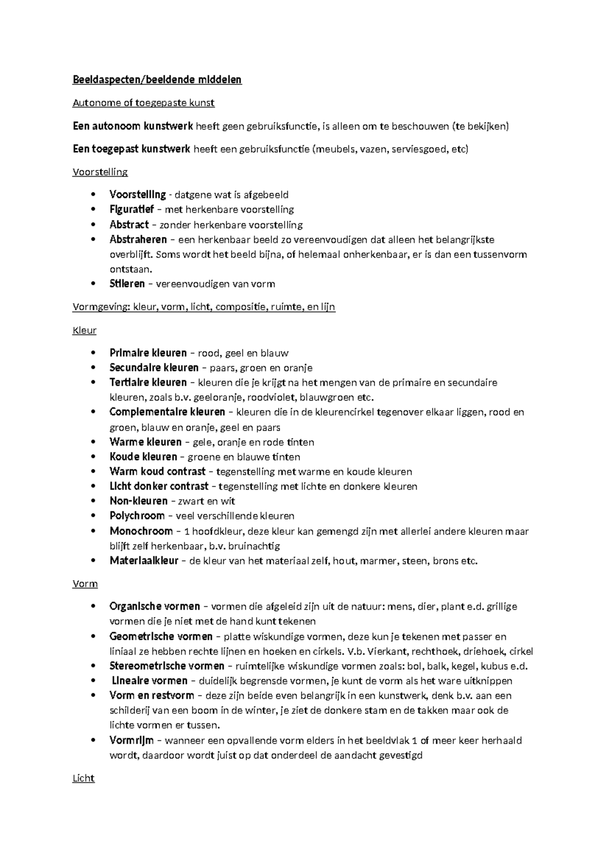 Begrippenlijst Beeldaspecten en Beeldende Middelen (Kunst) - Studeersnel