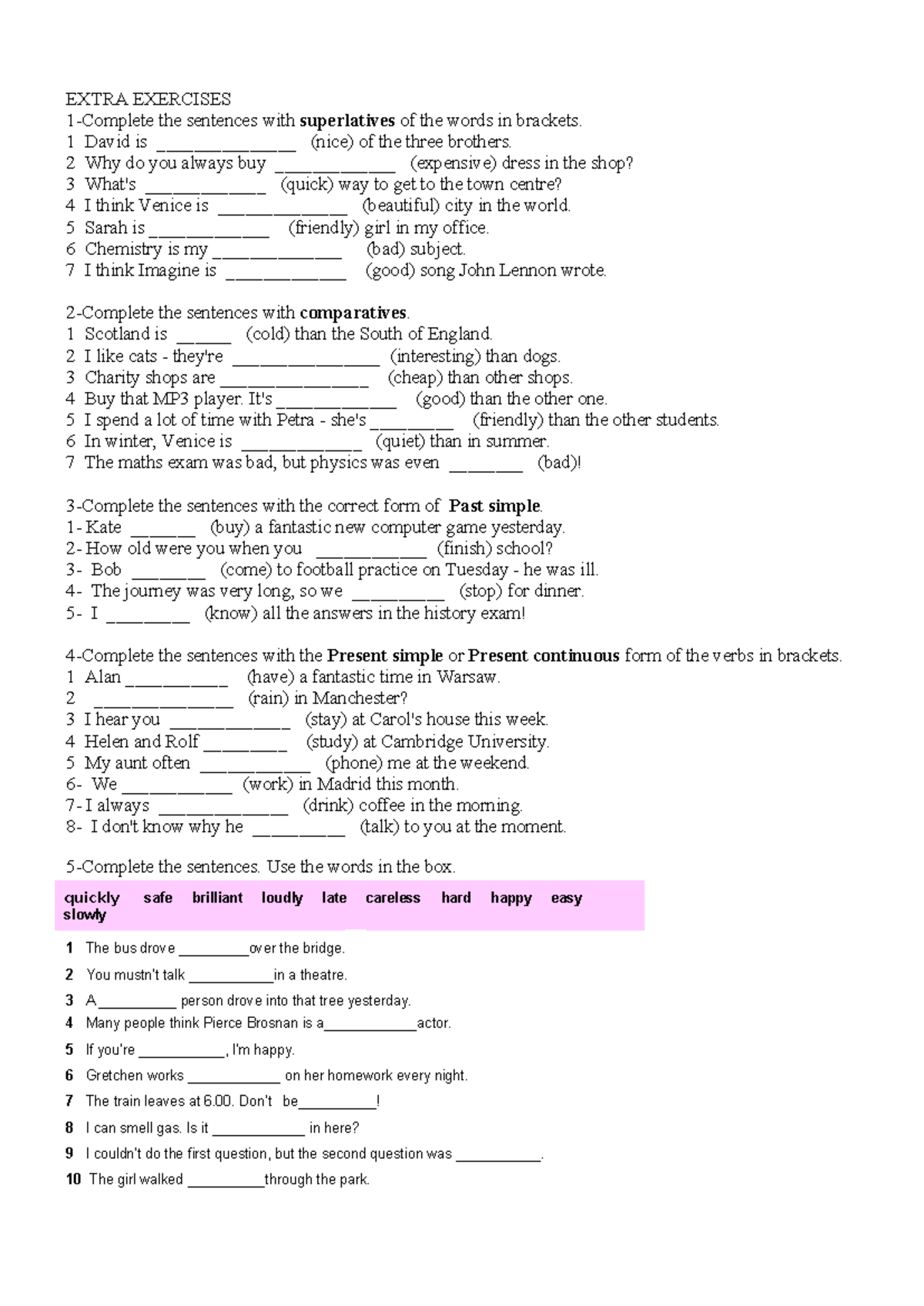 6th Grade 3rd Term Extra Exercises on Superlatives, Comparatives, and ...
