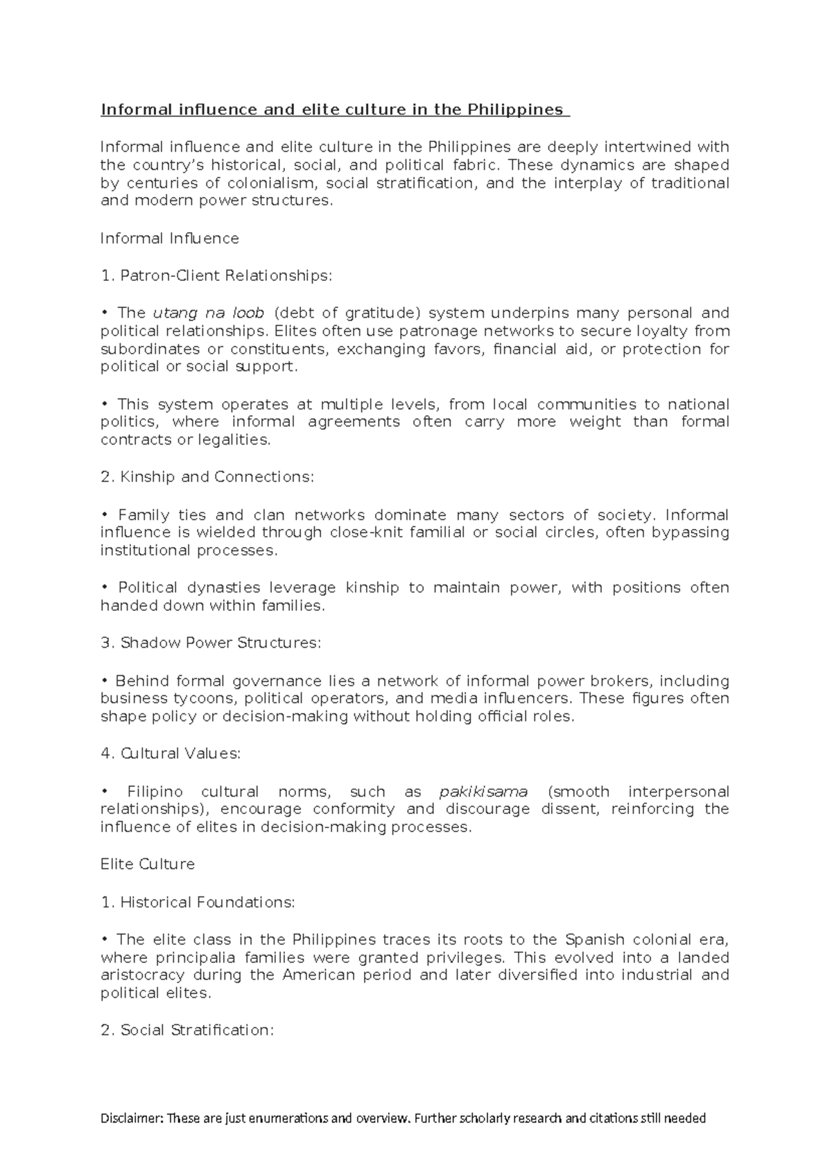 Informal influence and elite culture in the Philippines - These ...