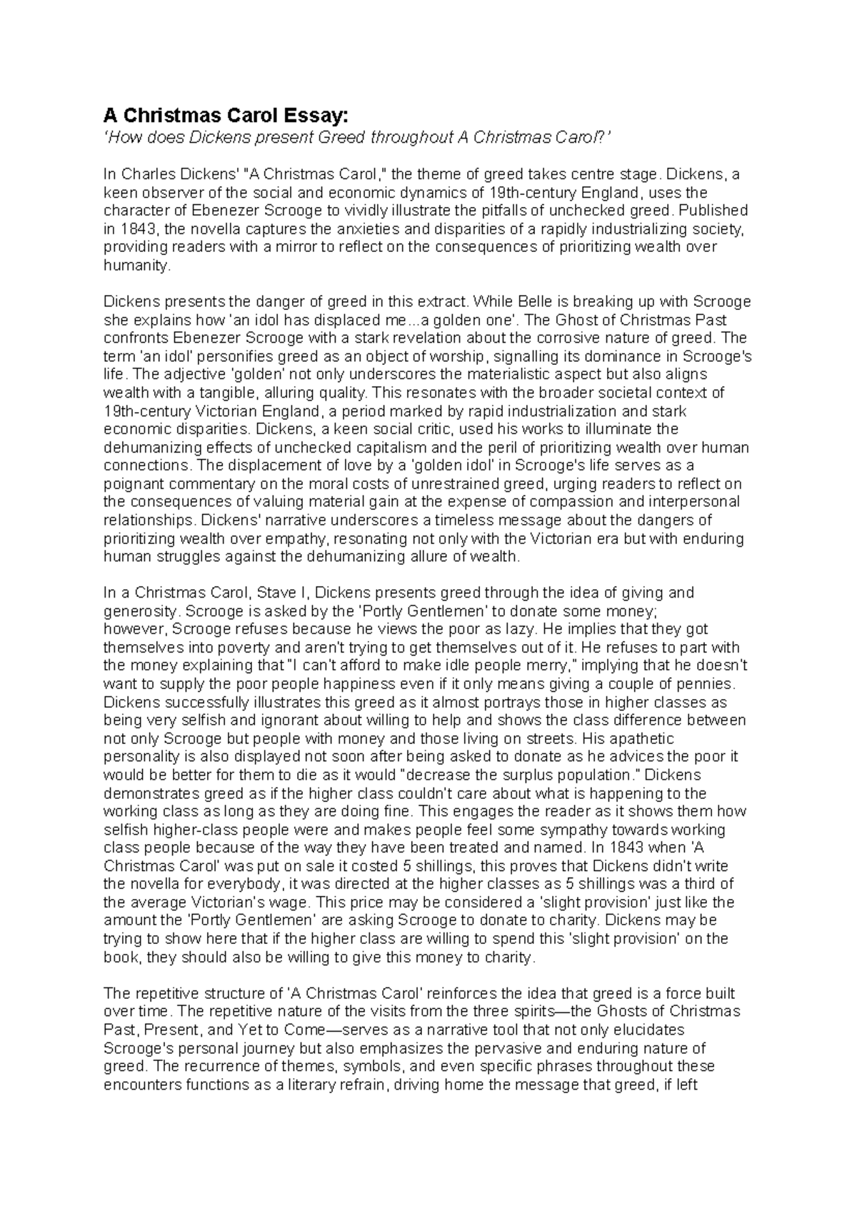 A Christmas Carol Essay - Analyzing the Theme of Greed - Studocu
