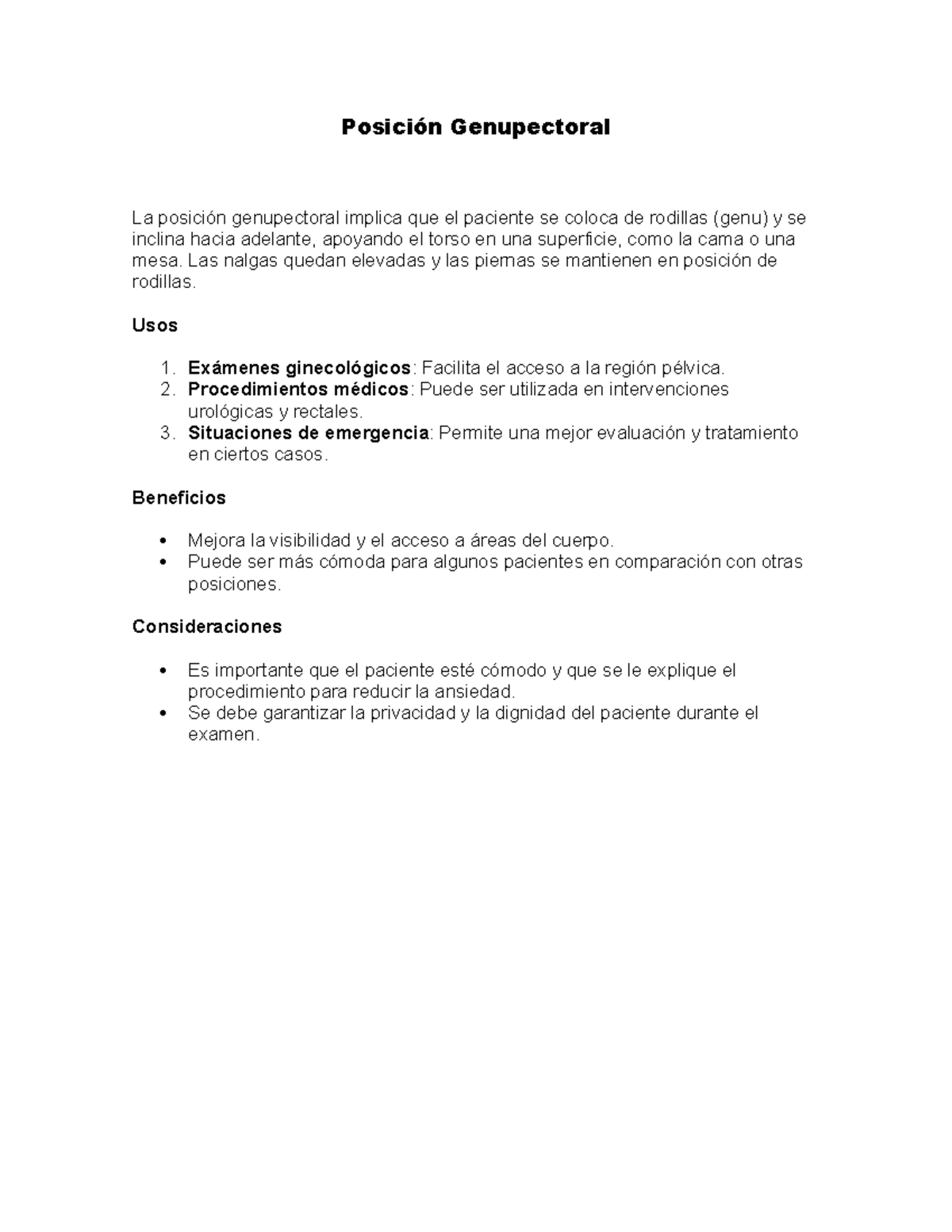 Guía de Posiciones Médicas: Genupectoral y Sims - Studocu