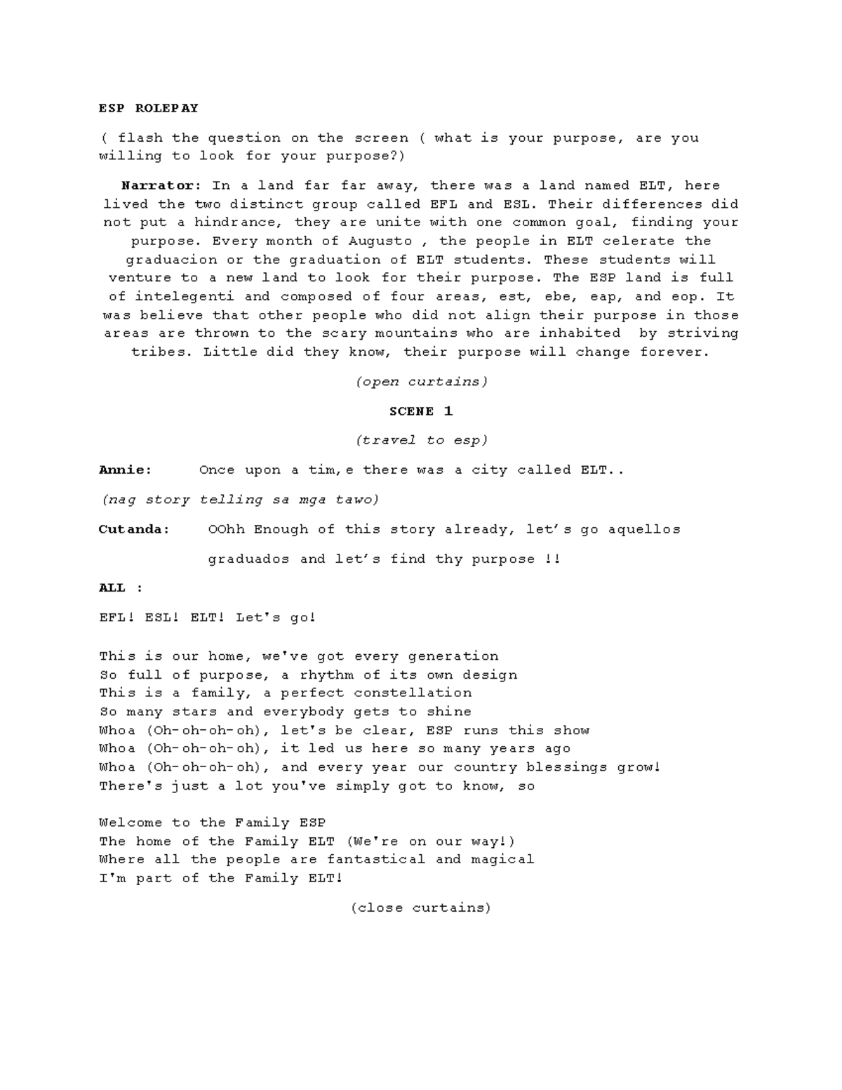 ESP - Role Play Script for Purpose Discovery in ELT - Studocu