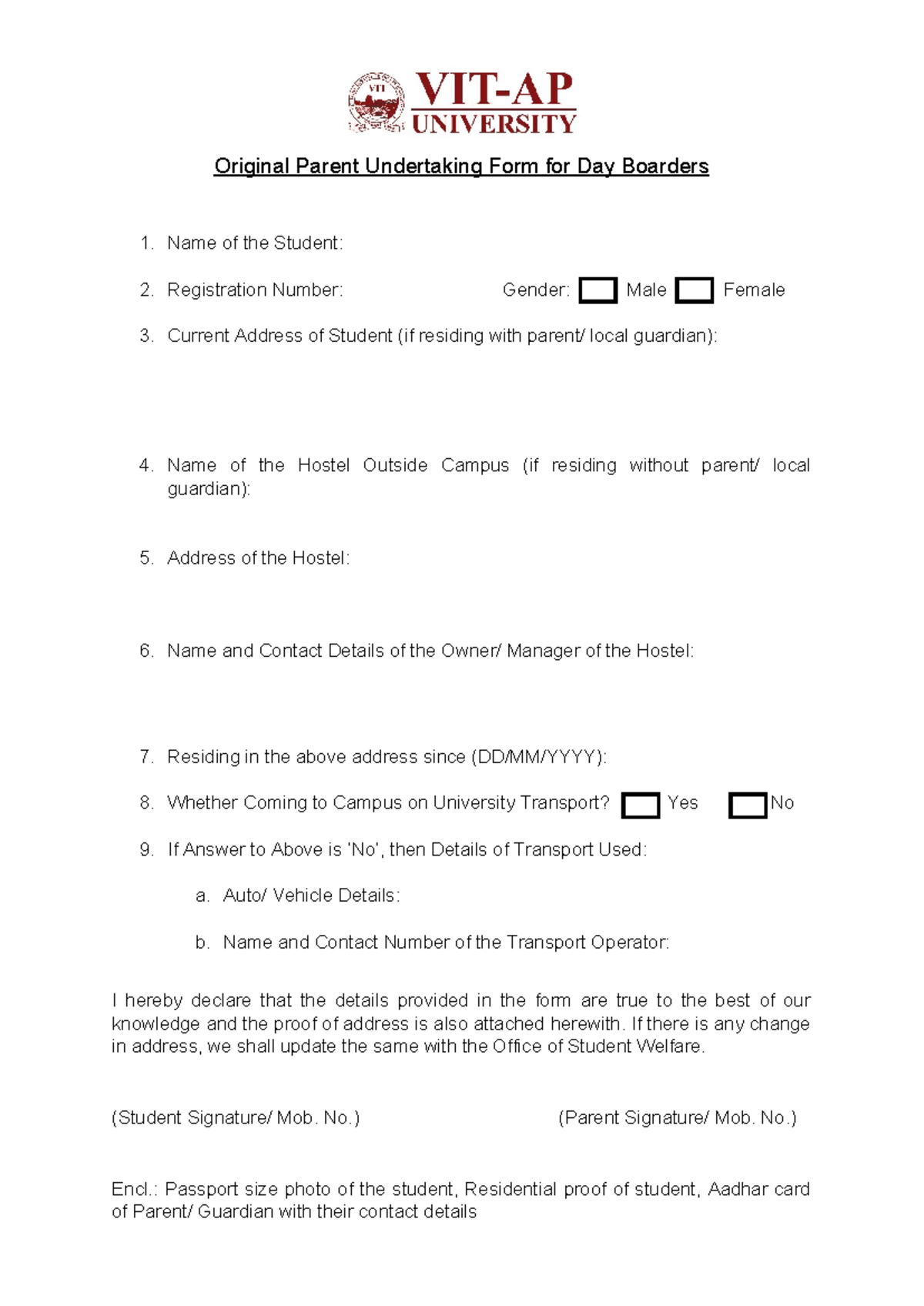Parent Undertaking Form for Day Boarders: Student Info & Transport ...