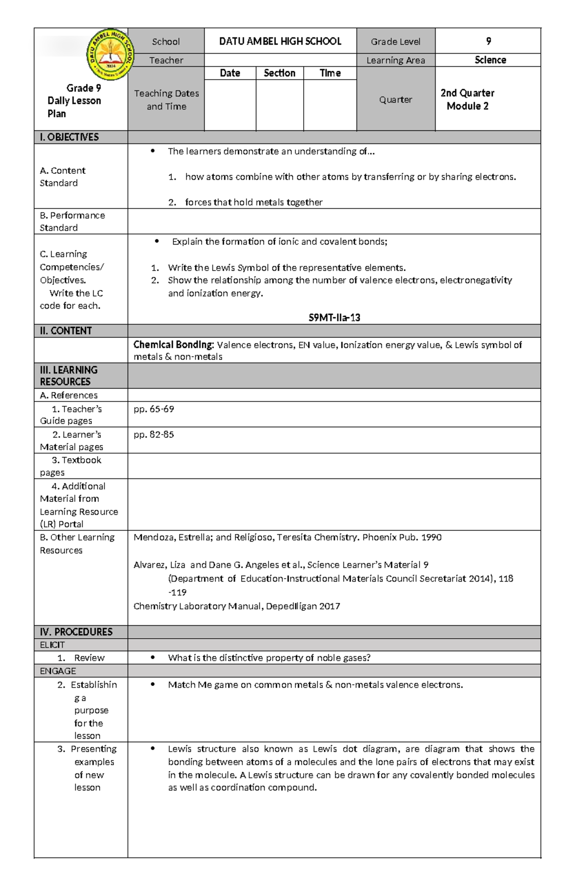 Science 9 DLP 2nd Qtr - Lesson Plan on Lewis Structures and Bonding ...