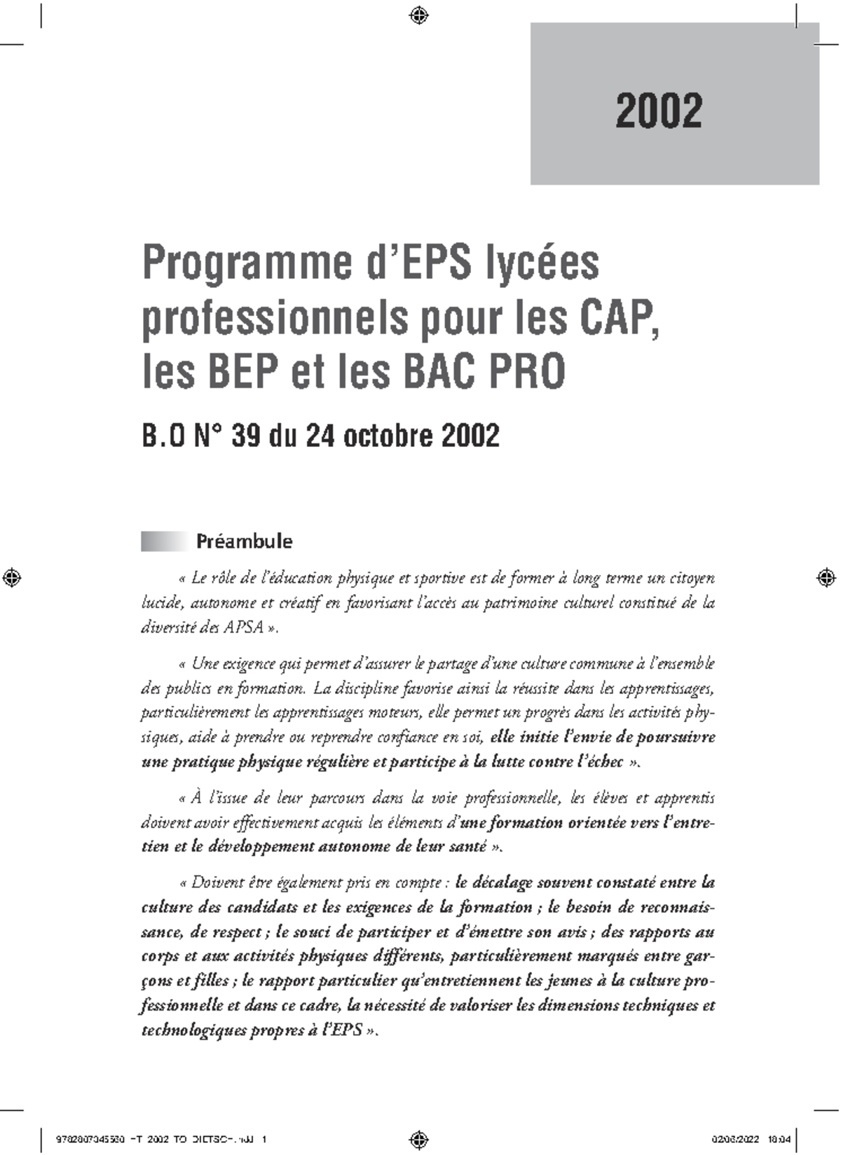 PRG LP 2002 - Programme pour CAP, BEP et BAC PRO en APSA - Studocu
