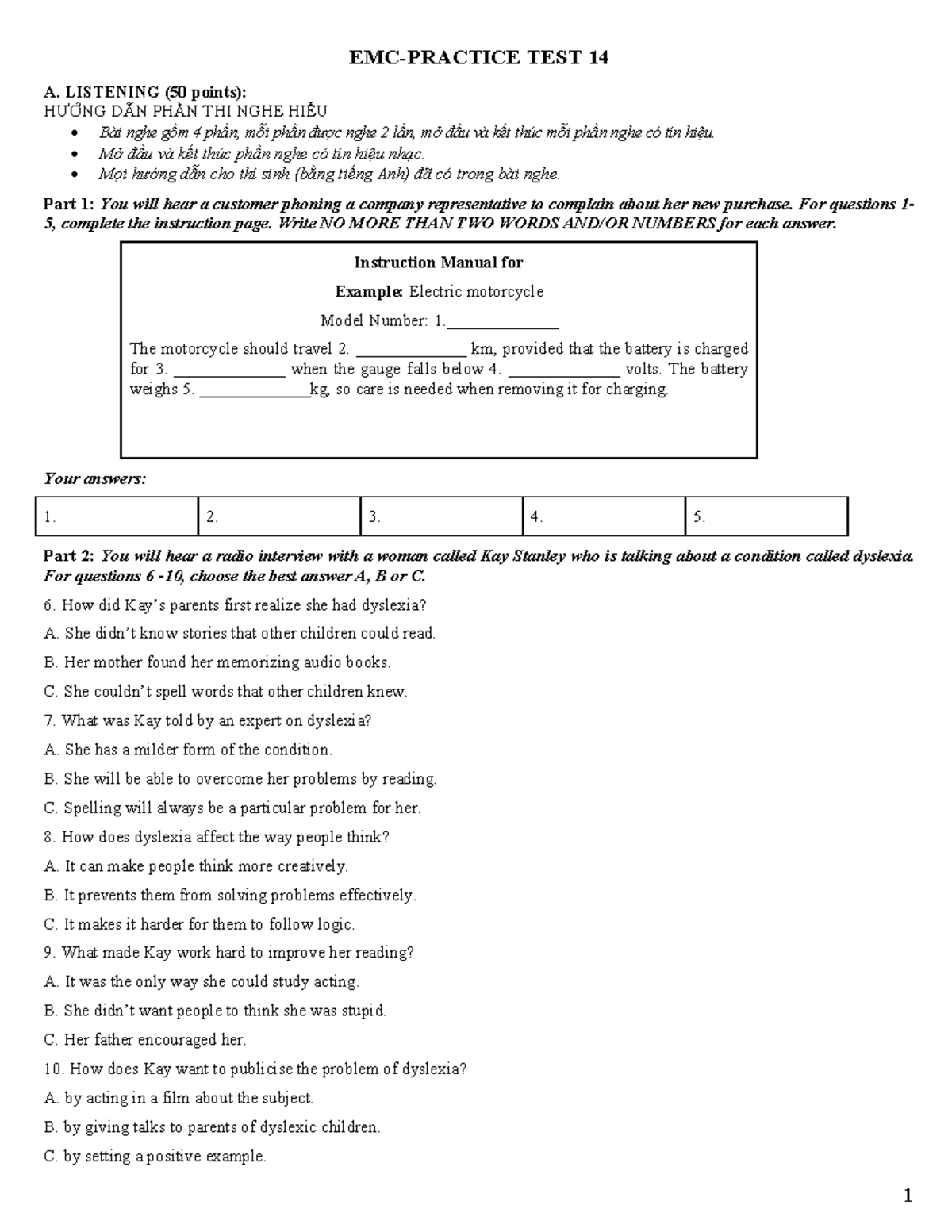EMC - Practice TEST 14 - Listening and Lexico-Grammar Sections - Studocu