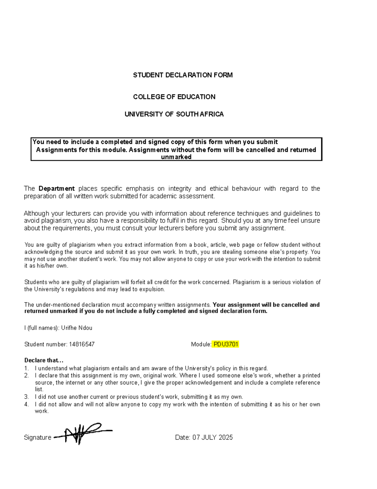 PDU3701 - Student Declaration Form for Assignment Submission - Studocu