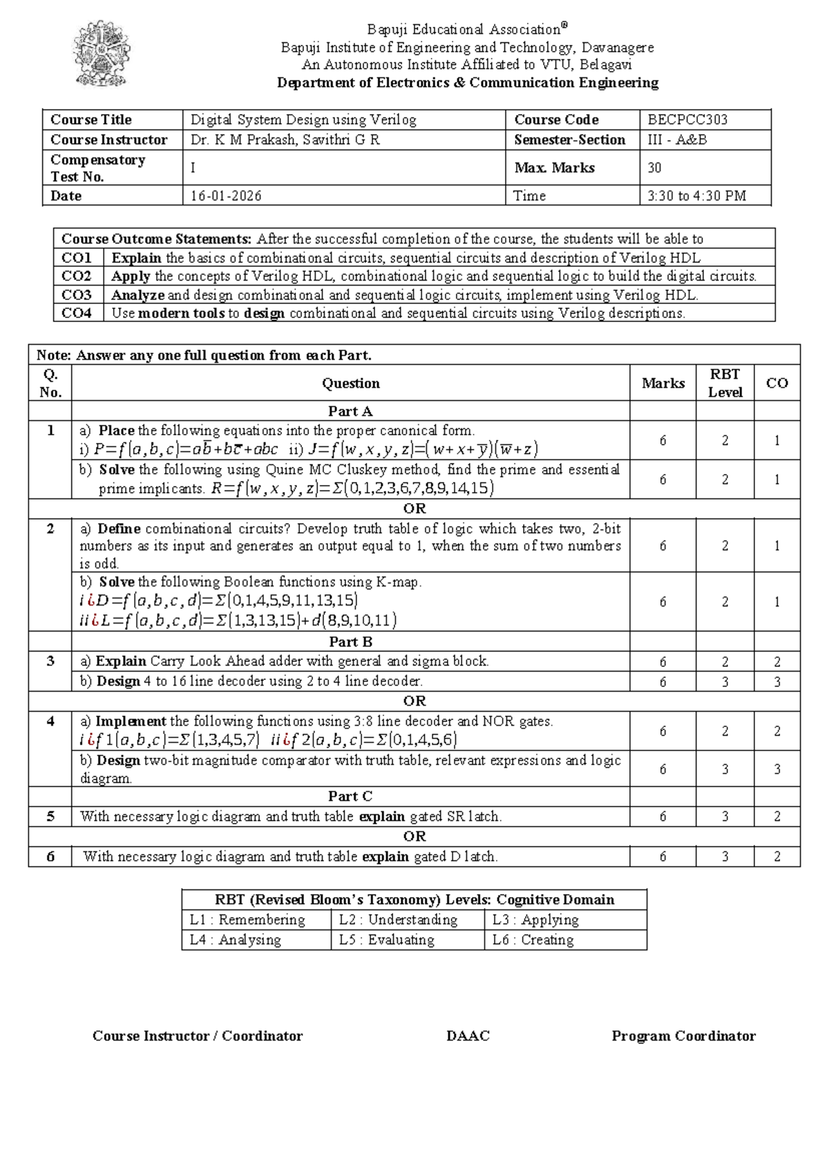 CIE1 BECPCC303 - Digital System Design Compensatory Test Notes - Studocu