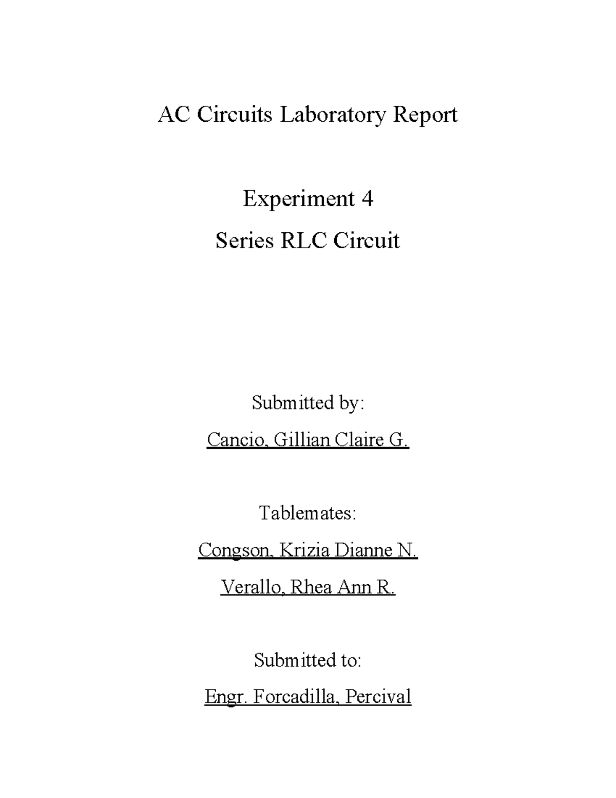 AC Circuits Lab Report: Experiment 4 - Series RLC Circuit Analysis ...
