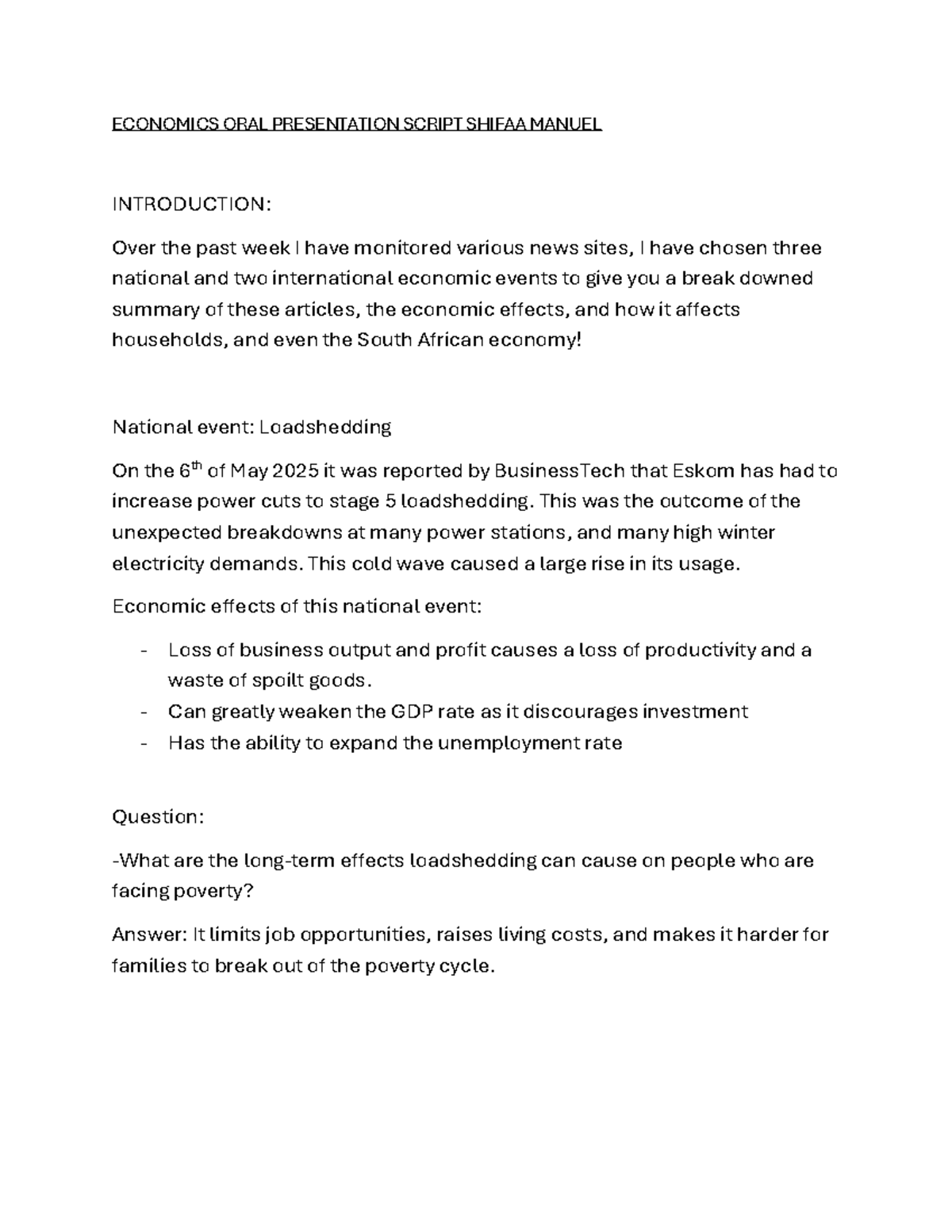 ECON 101: Oral Presentation Script on Economic Events Analysis - Studocu