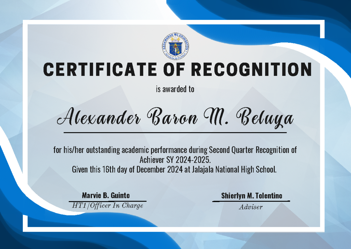 Blue and White Modern Recognition Certificate - is awarded to for his ...