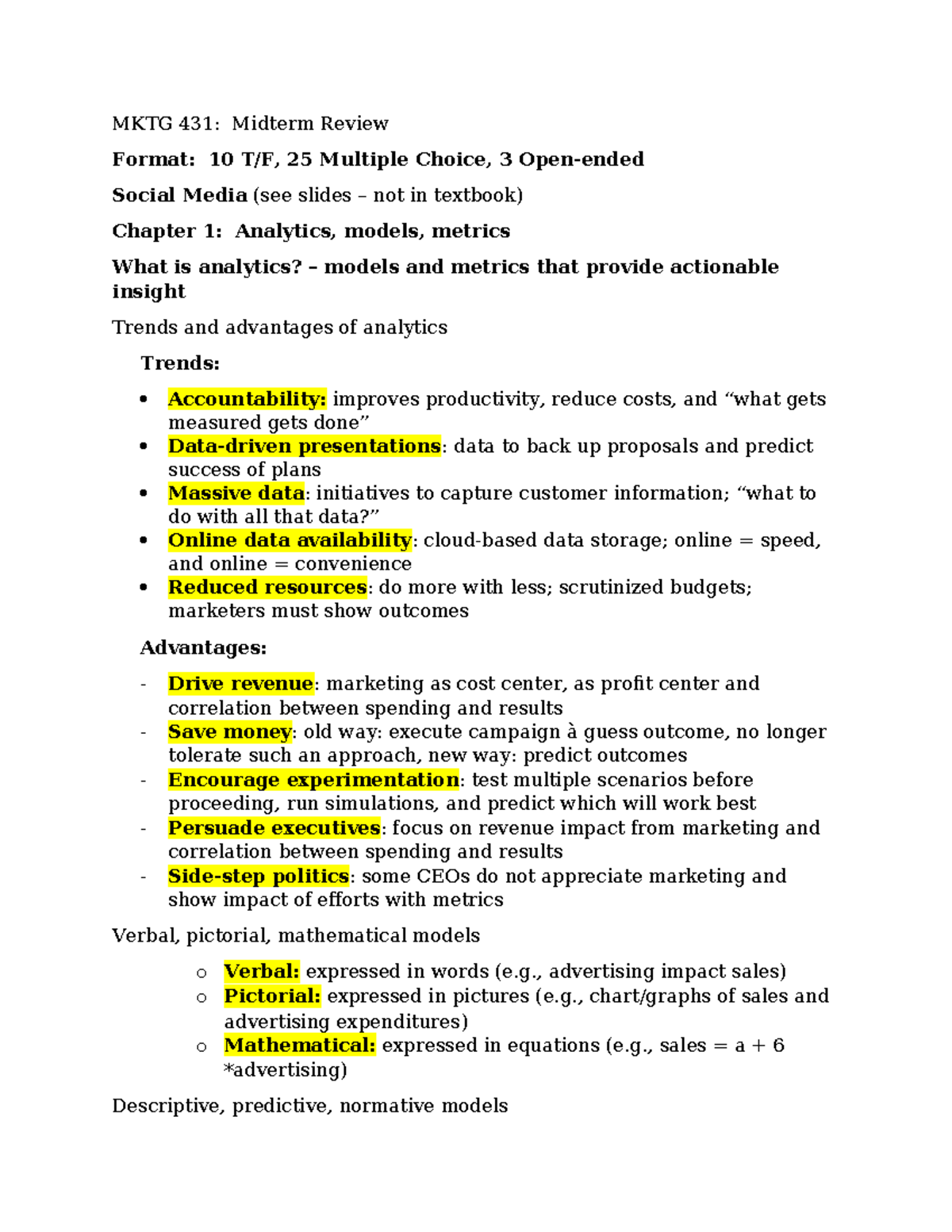 MKTG 431: Midterm Review - Key Concepts in Market Analytics and ...
