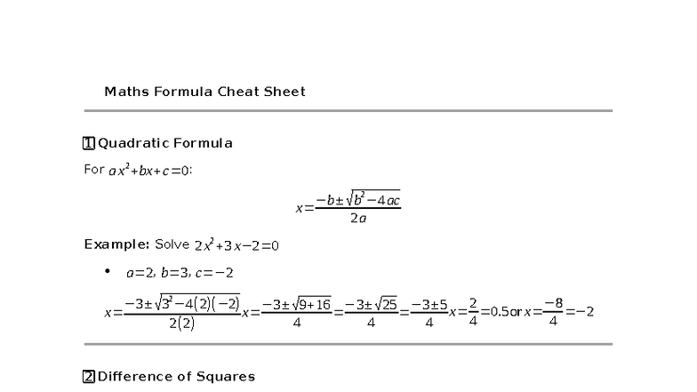📘 Maths Formula Cheat Sheet - 📘 Maths Formula Cheat Sheet 1 ⃣ Quadratic ...