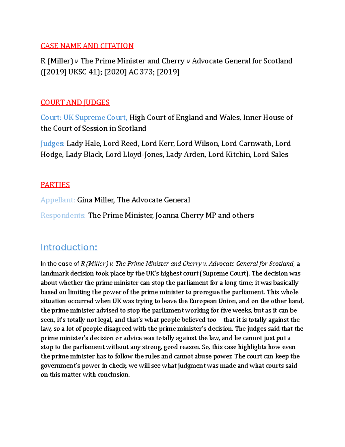 Case Note: R (Miller) v The Prime Minister - Landmark UKSC Decision ...