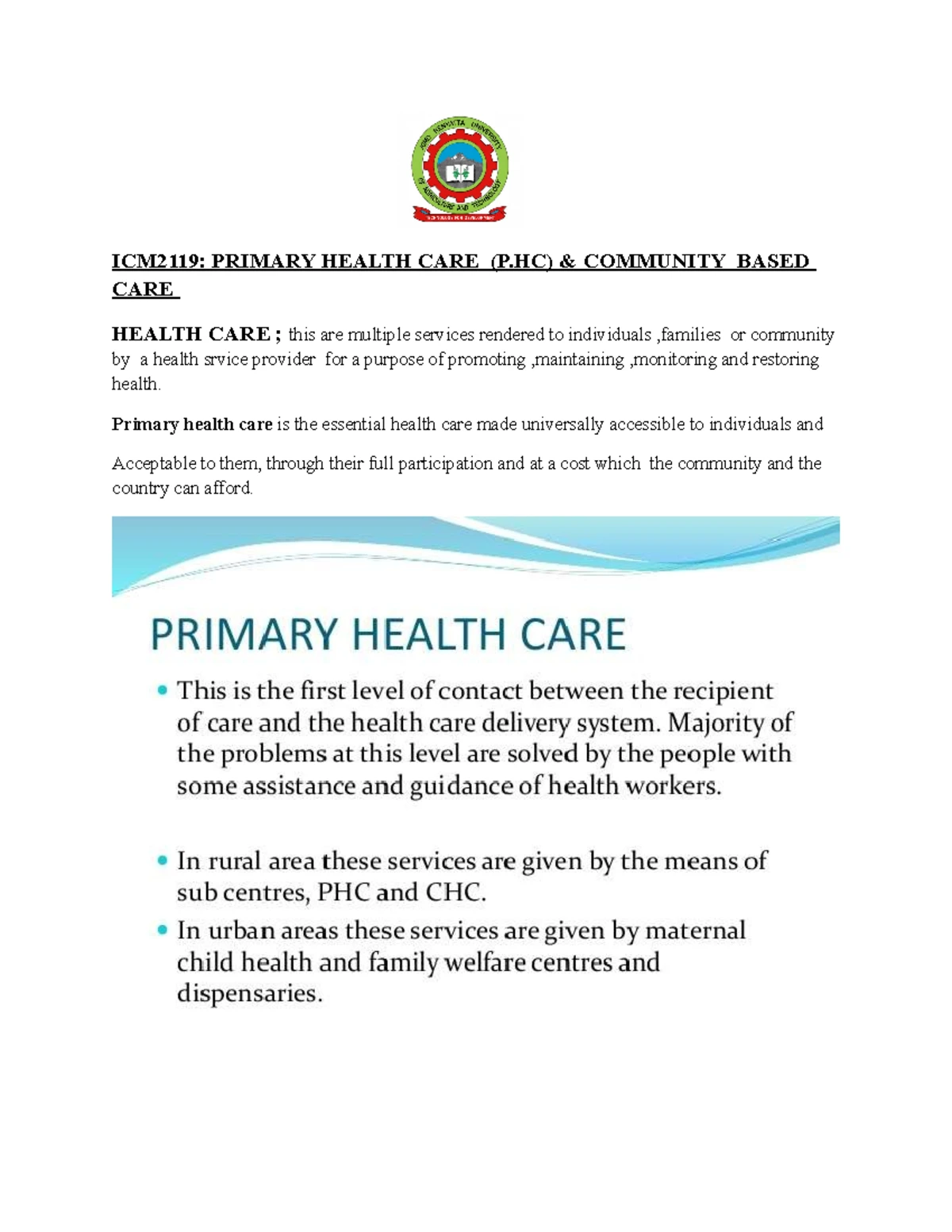 Community Health - Lecture notes - COMMUNITY HEALTH COMMUNITY HEALTH ...