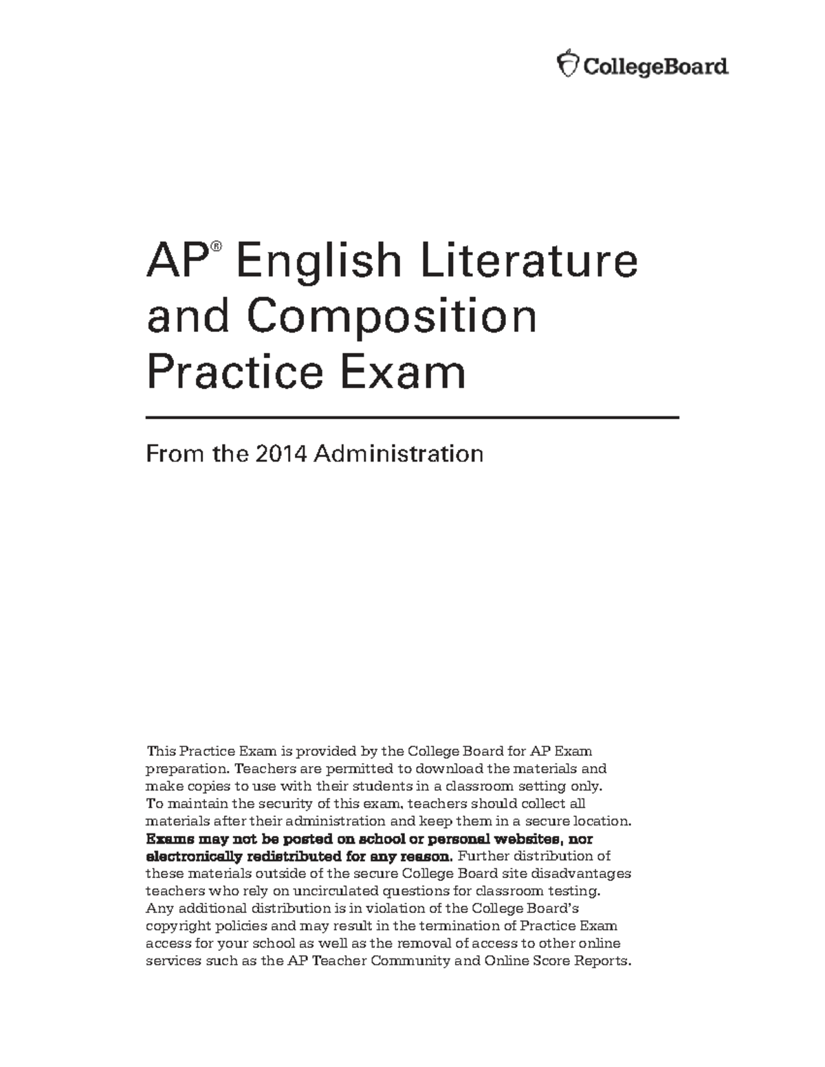 AP English Literature & Composition 2014 Practice Exam Questions - Studocu