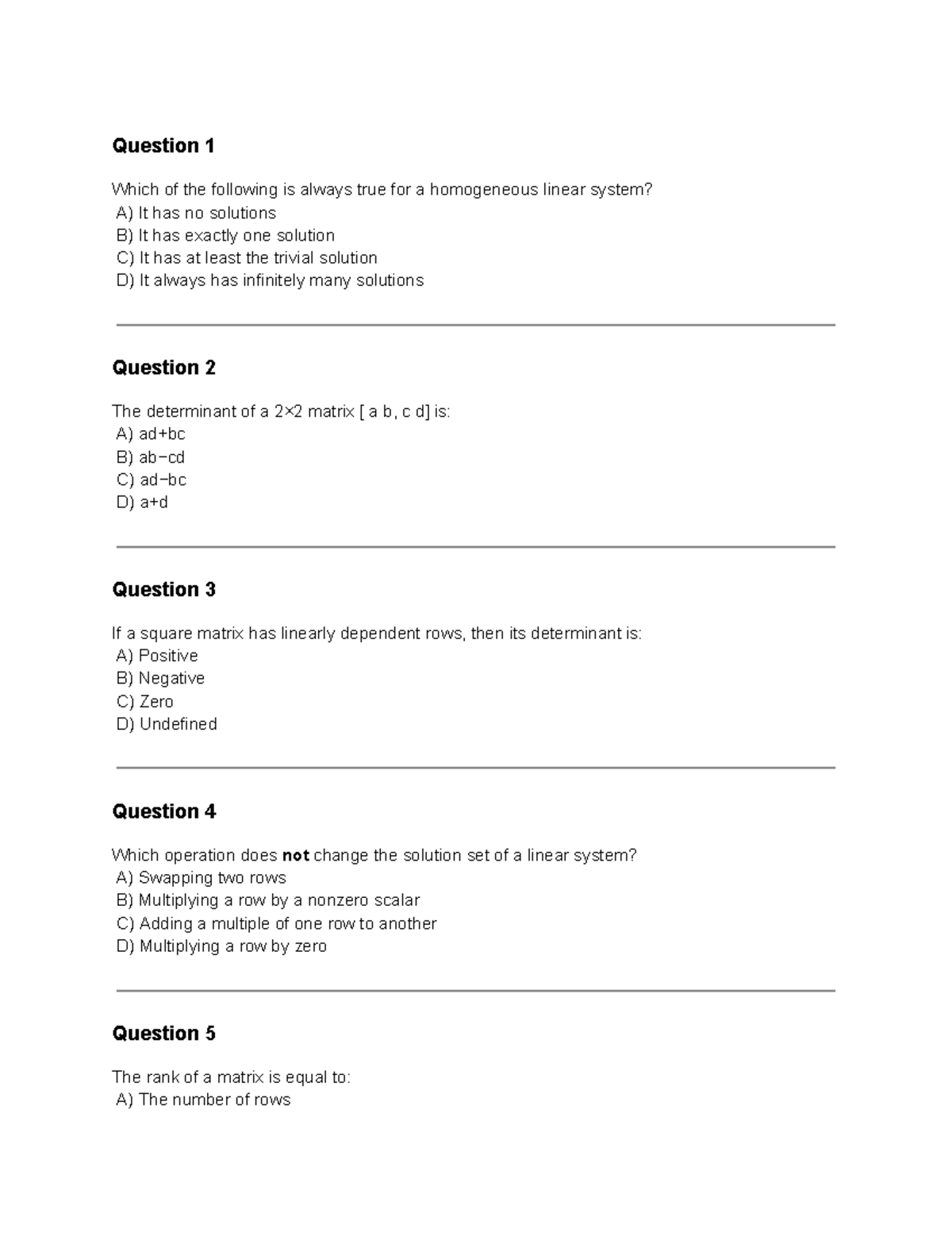 Linear Algebra Quiz (Multiple Choice) - LA101 - Studocu