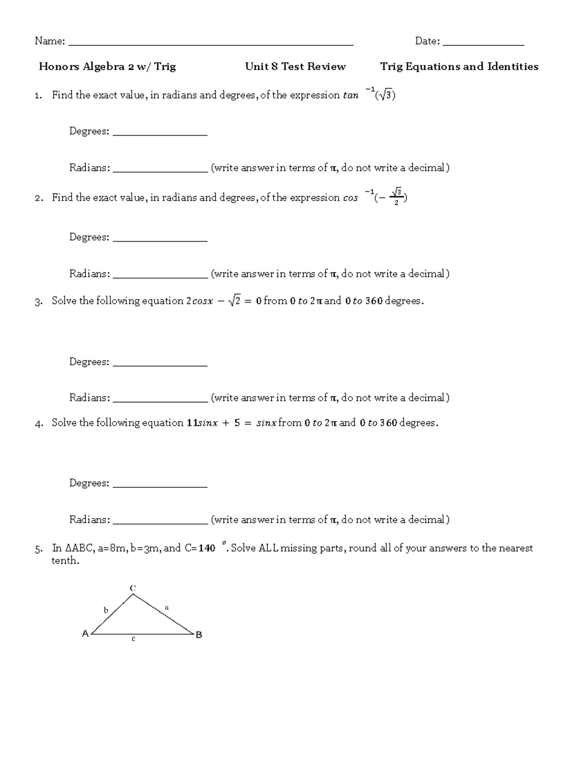Honors Algebra 2 w/ Trig - Semester 2 Final Exam Review Guide - Studocu
