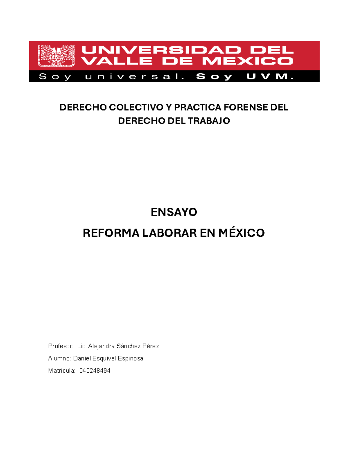 Ensayo Reforma Laboral - DERECHO COLECTIVO Y PRACTICA FORENSE DEL DERECHO DEL TRABAJO ENSAYO ...