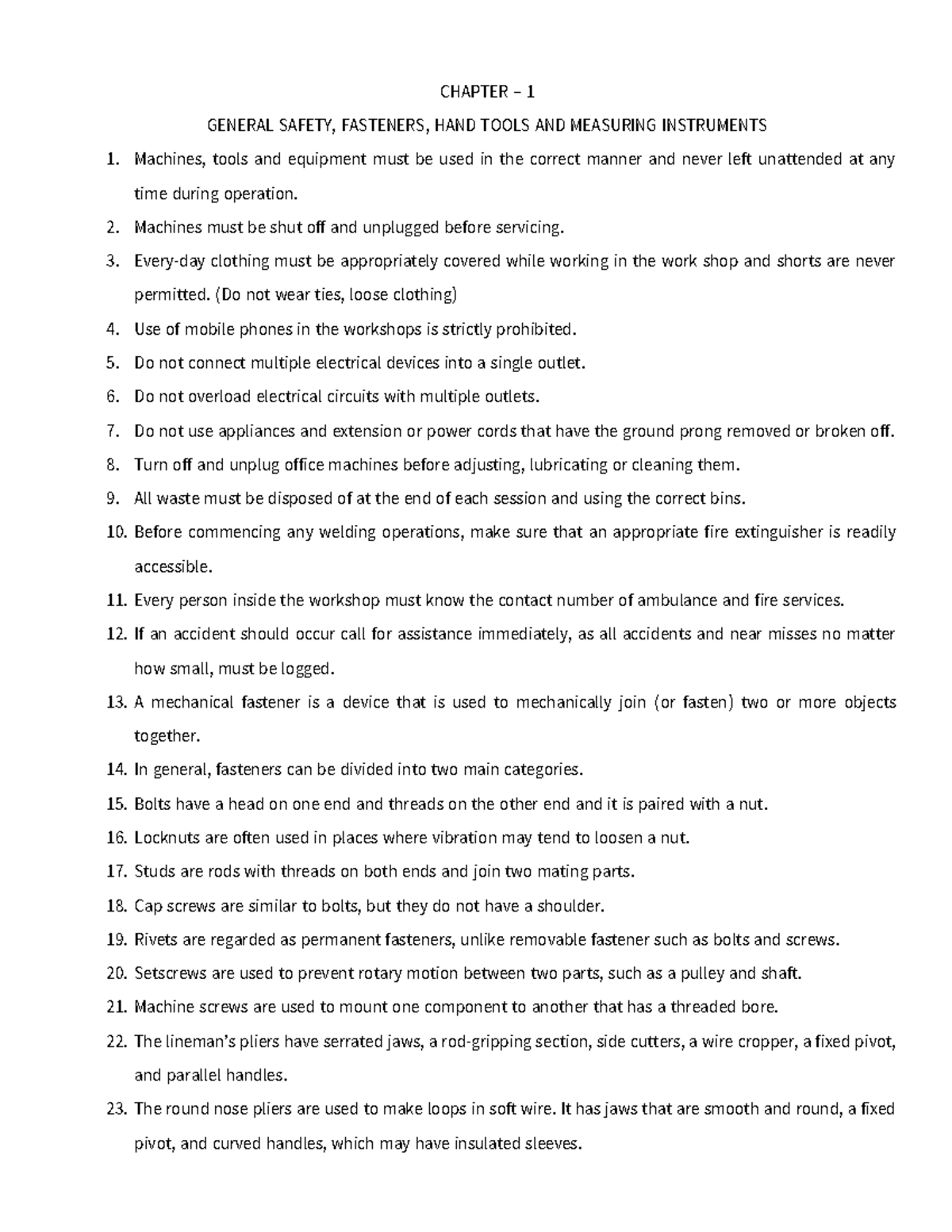 CHAPTER 1: SAFETY, FASTENERS, TOOLS & MEASURING INSTRUMENTS (ICE 2nd Yr ...